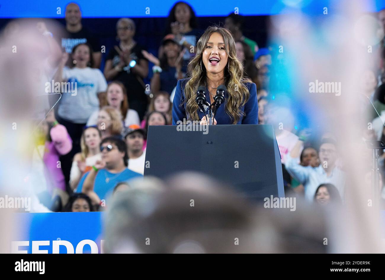 Jessica Alba speaks during a campaign event at Shell Energy Stadium on ...