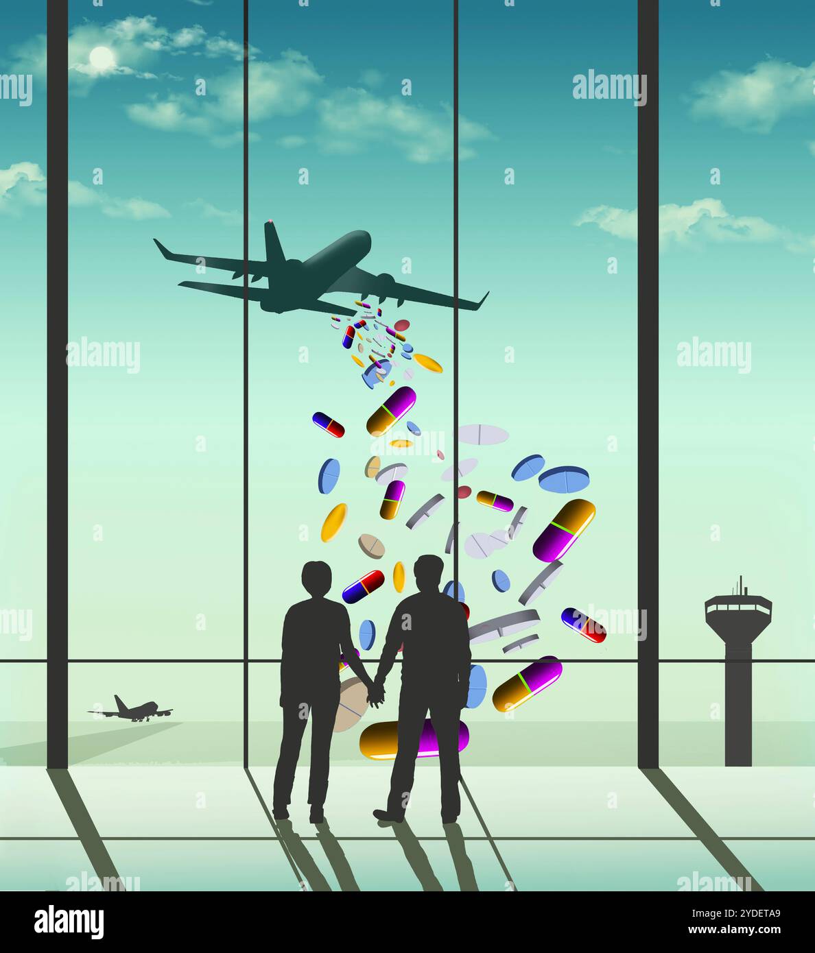 Pills fall from an airplane over an airport in a 3-d illustration about ...