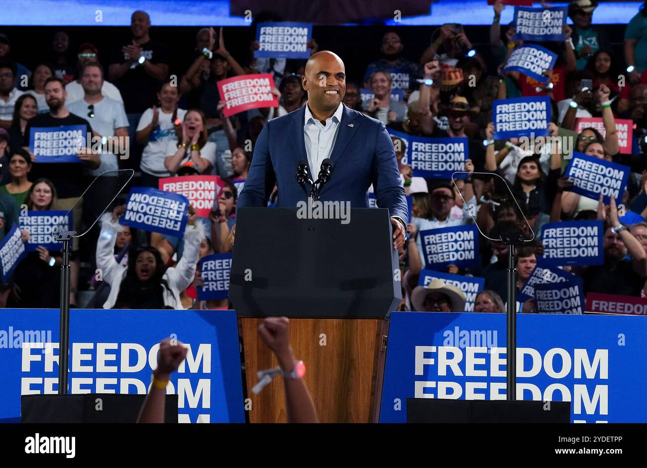 Colin Allred speaks during a campaign event at Shell Energy Stadium on ...
