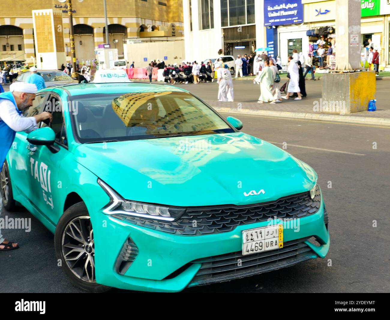 Mecca, Saudi Arabia, June 9 2024: Mecca Makkah Taxi, used to transport Hajj pilgrims inside and ...