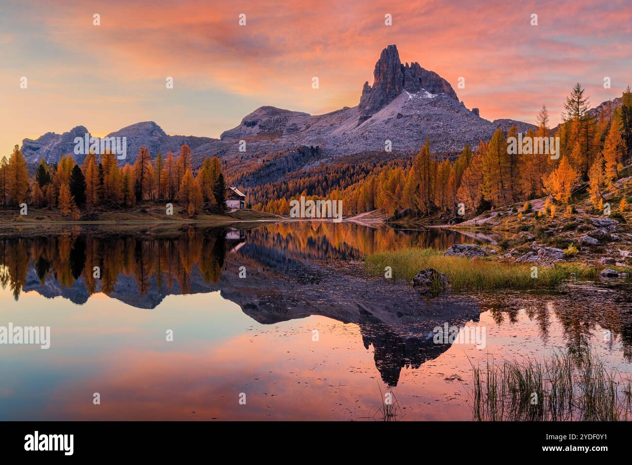 An autumn sunrise in the Dolomites at Lago Federa (Lago di Federa, Lago ...