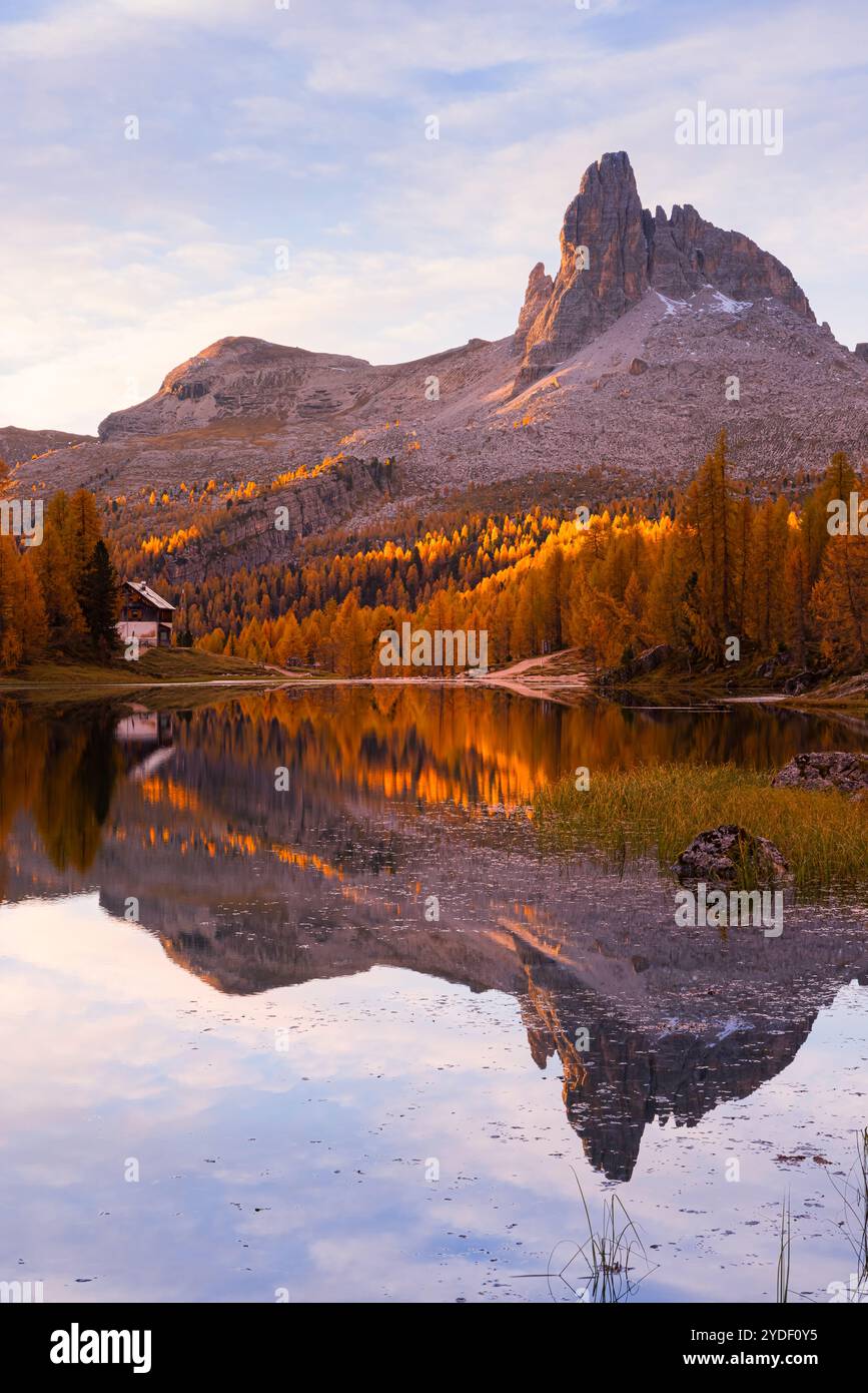 An autumn sunrise in the Dolomites at Lago Federa (Lago di Federa, Lago ...