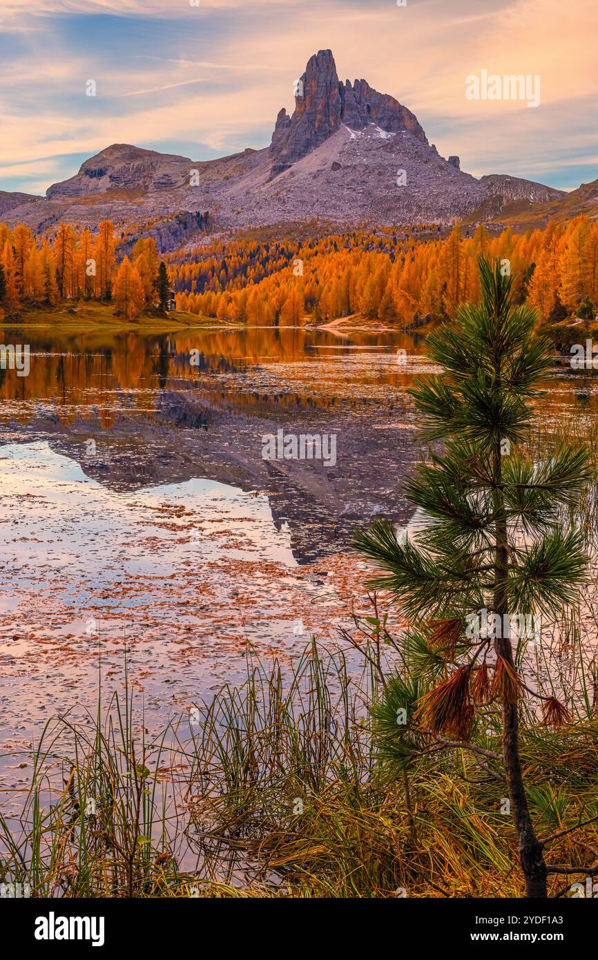 An autumn sunrise in the Dolomites at Lago Federa (Lago di Federa, Lago ...
