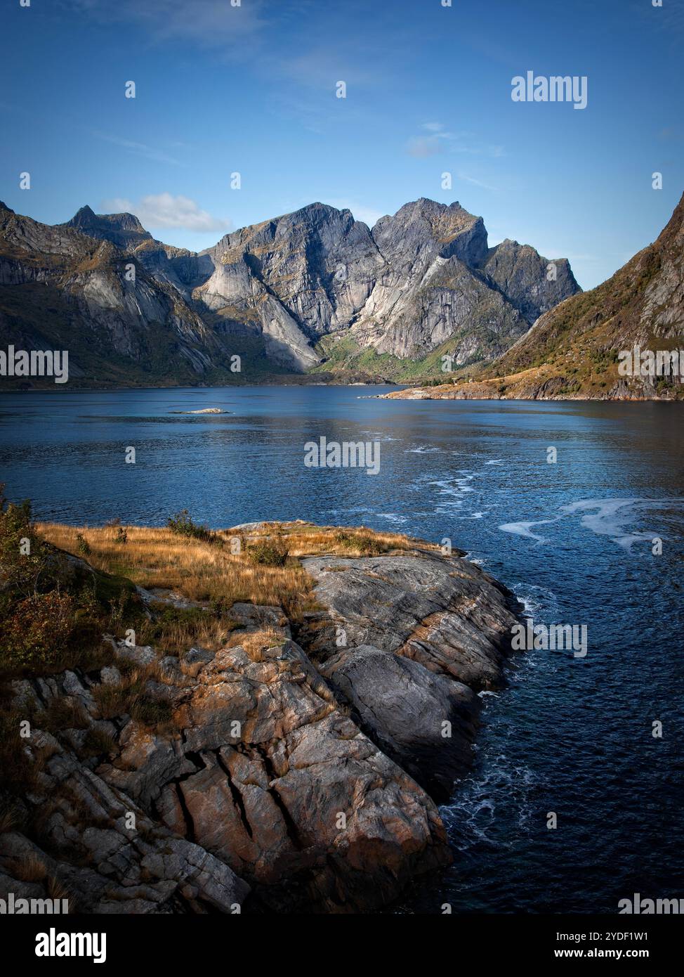 The dramatic and rugged coastline of Moskenesøya Island, Norway, where ...