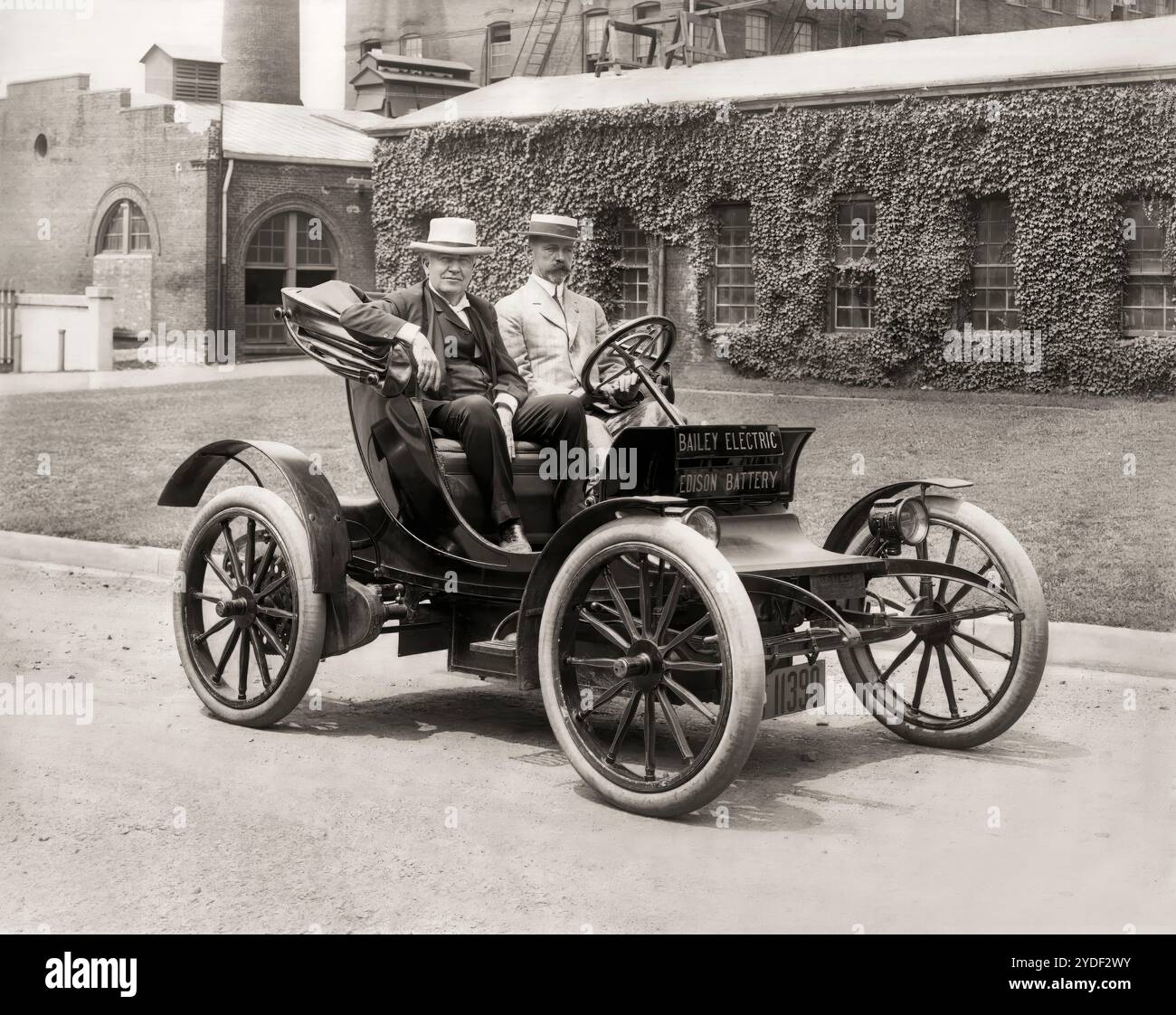 Thomas Alva Edison and Col. E.M.E. Bailey in Bailey Electric automobile ...
