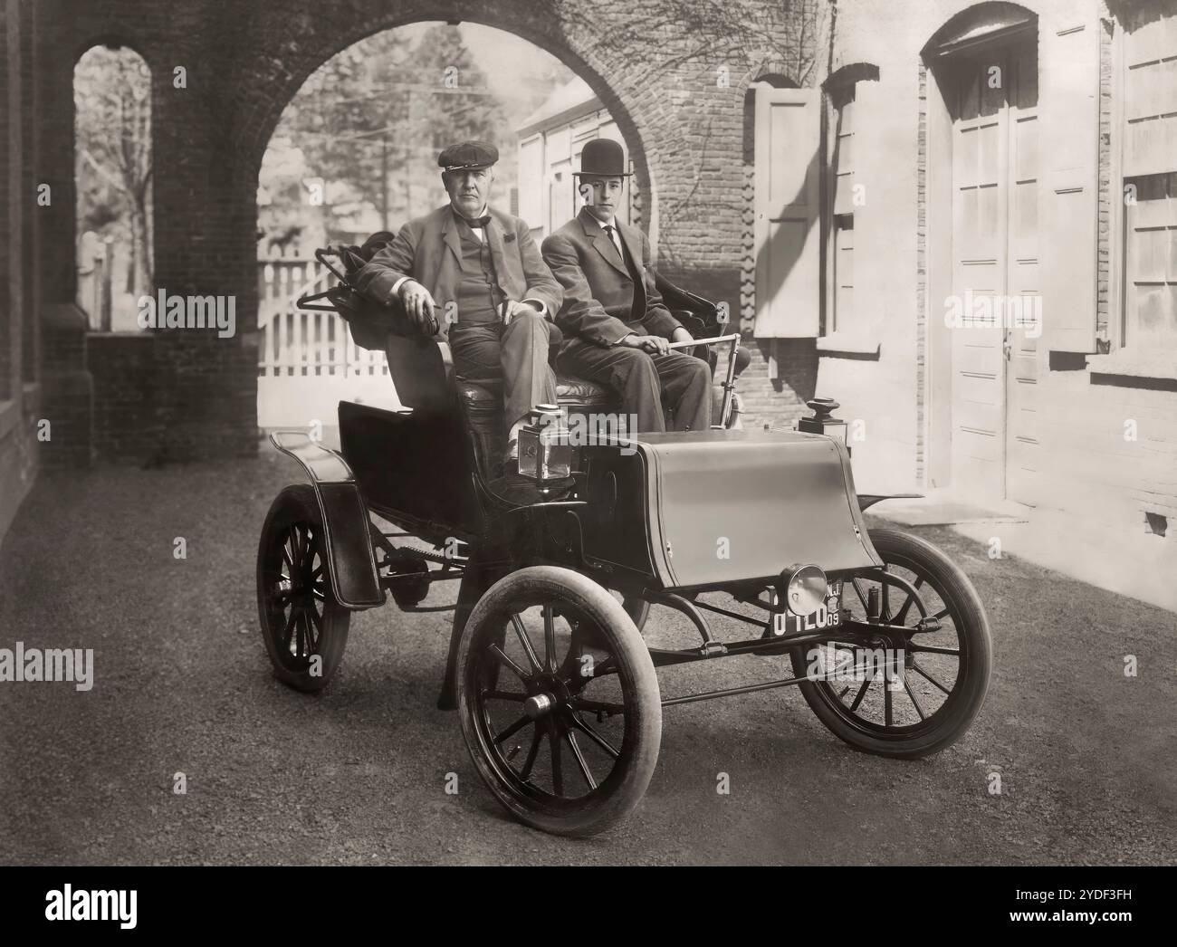 Thomas Edison and Mr. Greenfeldt in a Baker electric automobile, 1910 ...