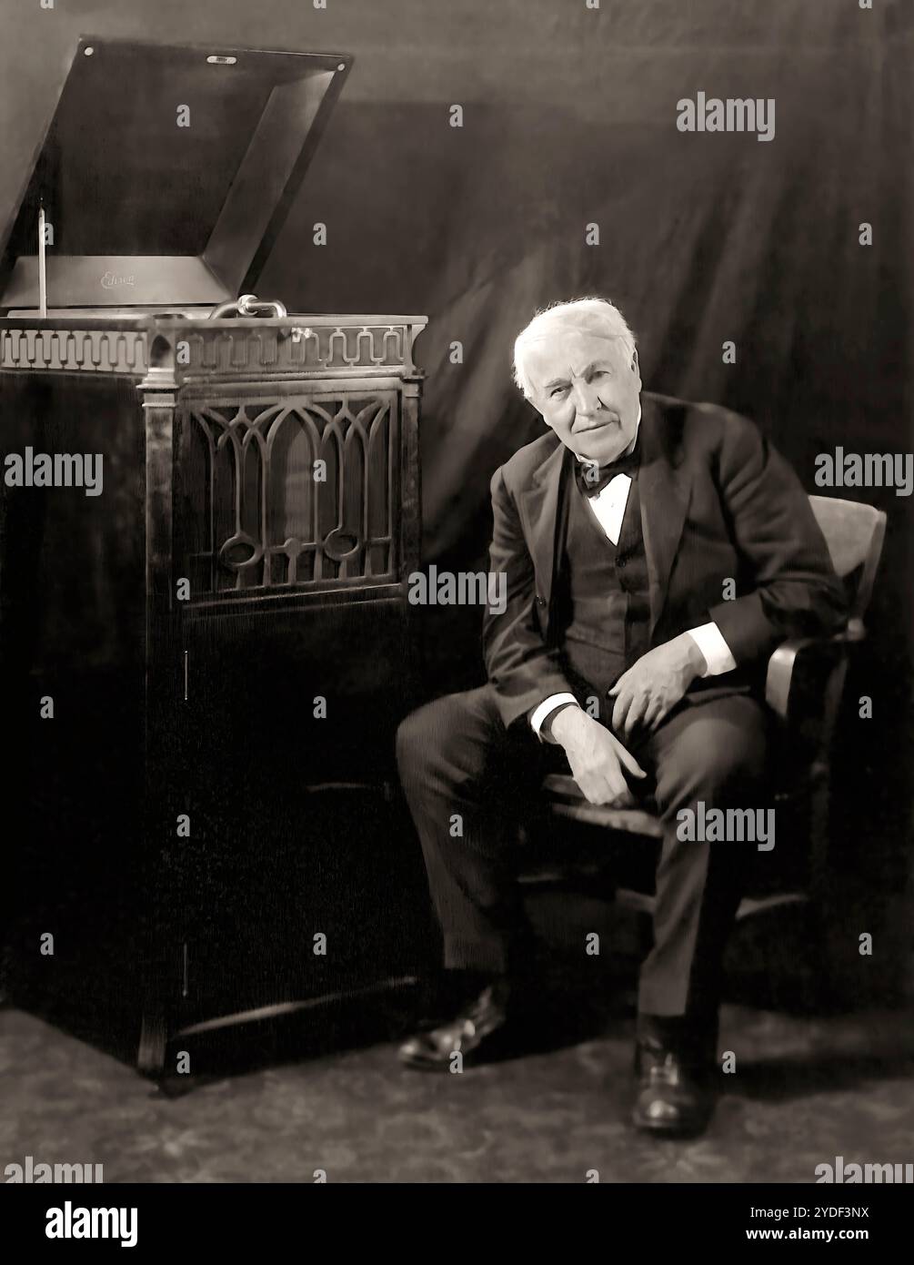Thomas Alva Edison listening to his disc phonograph, digitally edited ...