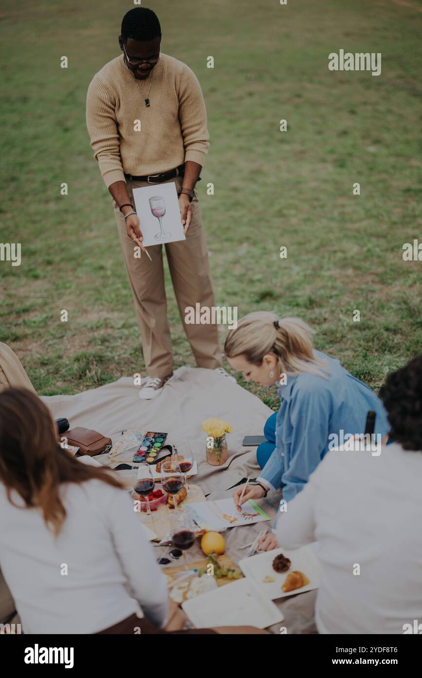 A group of people enjoying an outdoor art class on a picnic while ...