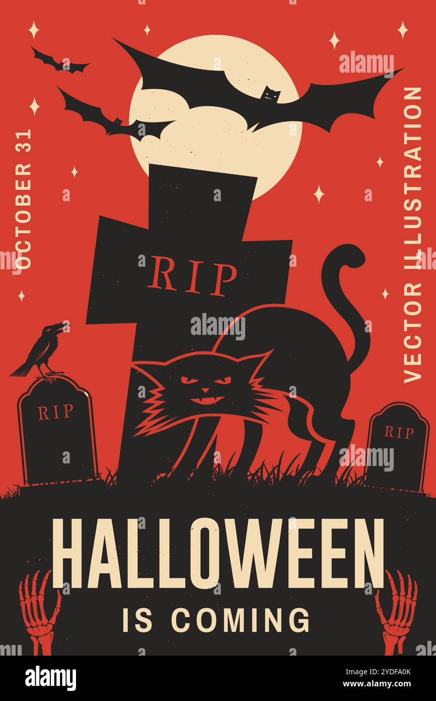 Halloween is coming poster concept. Halloween retro invitation template with cat on cemetery ...