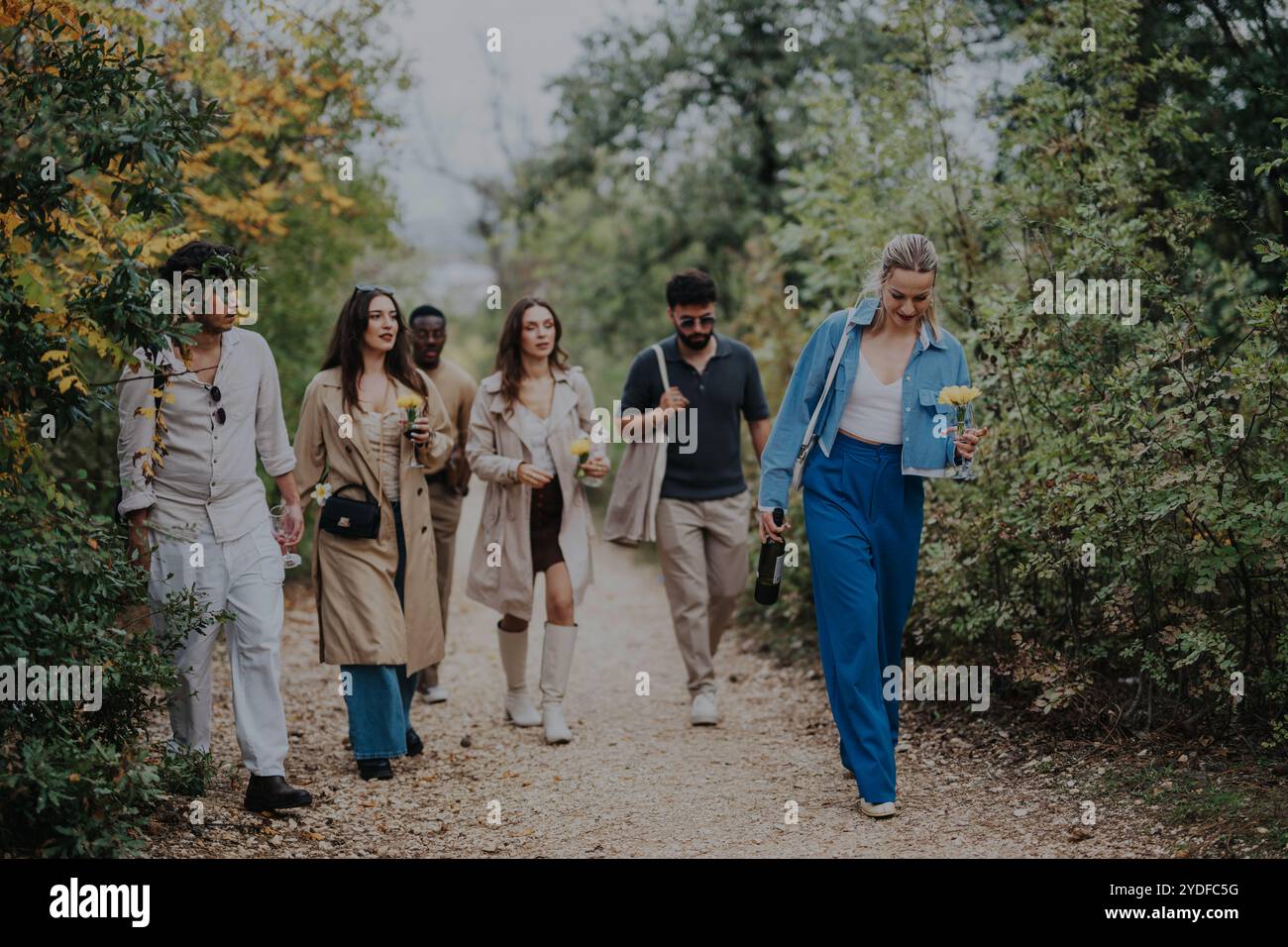 Group of friends walking together on a nature trail outdoors Stock ...