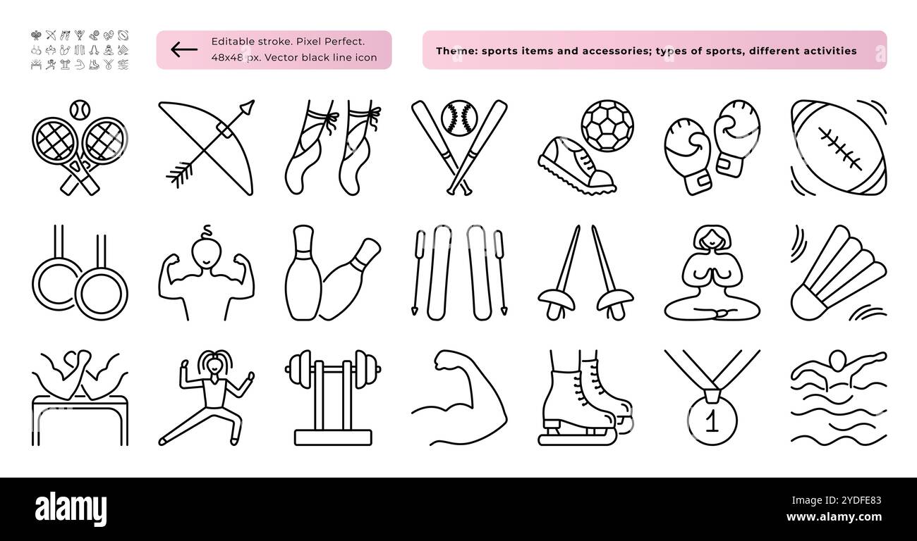 Types of sports icon set. 21 vector editable stroke signs, 48x48 px and ...
