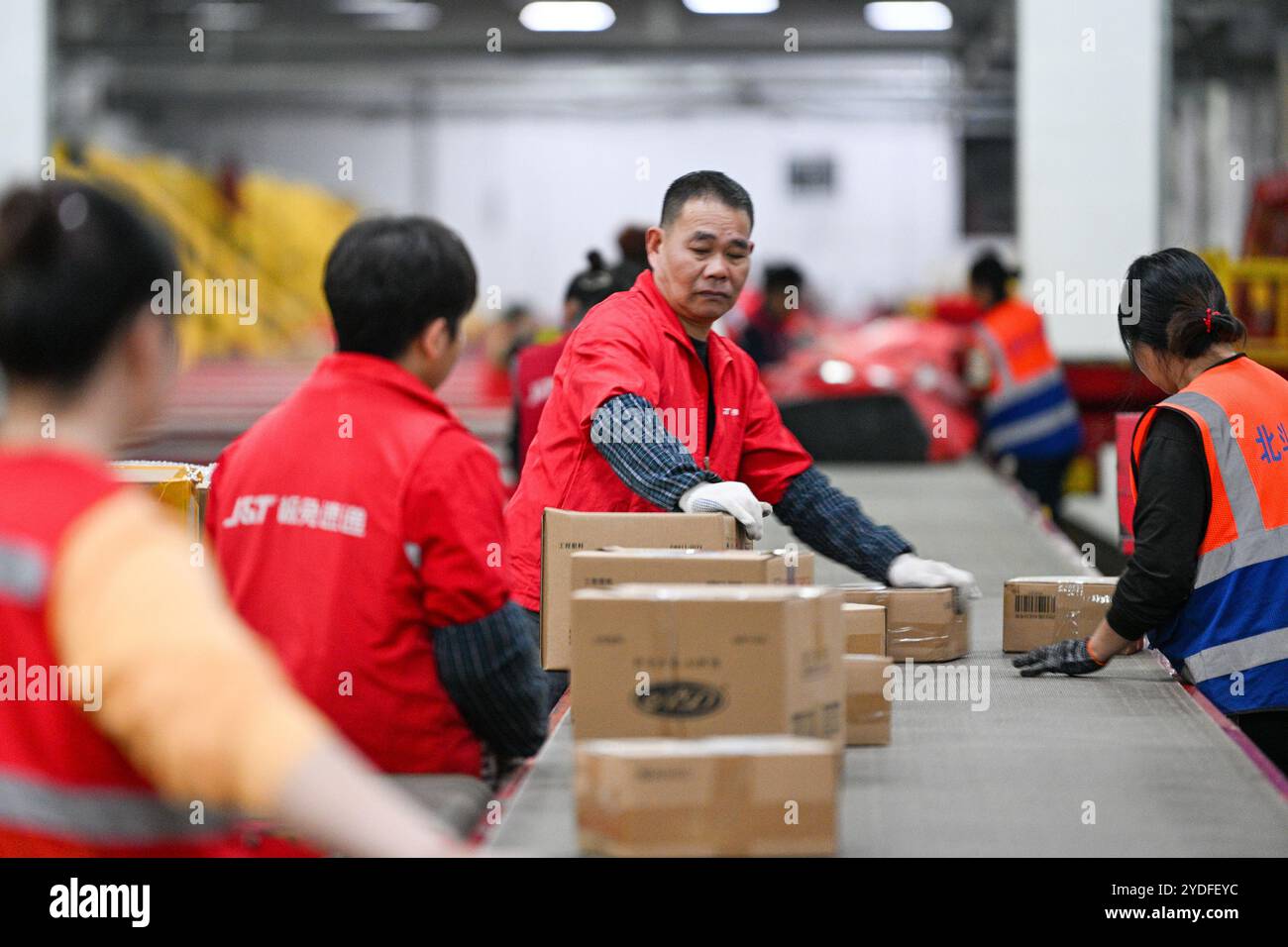 NANJING, CHINA - OCTOBER 26, 2024 - Workers sort express deliveries on ...