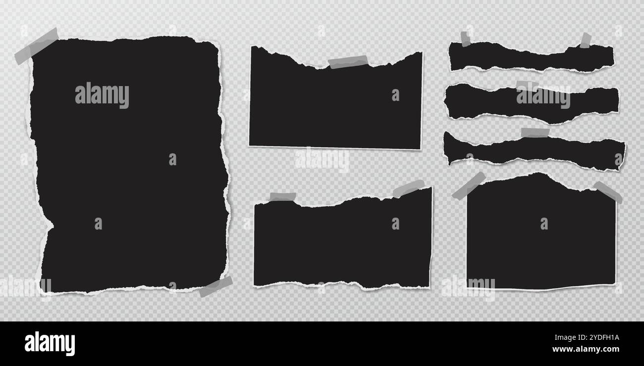 Set of torn black note paper pieces with sticky tape are on transparent ...