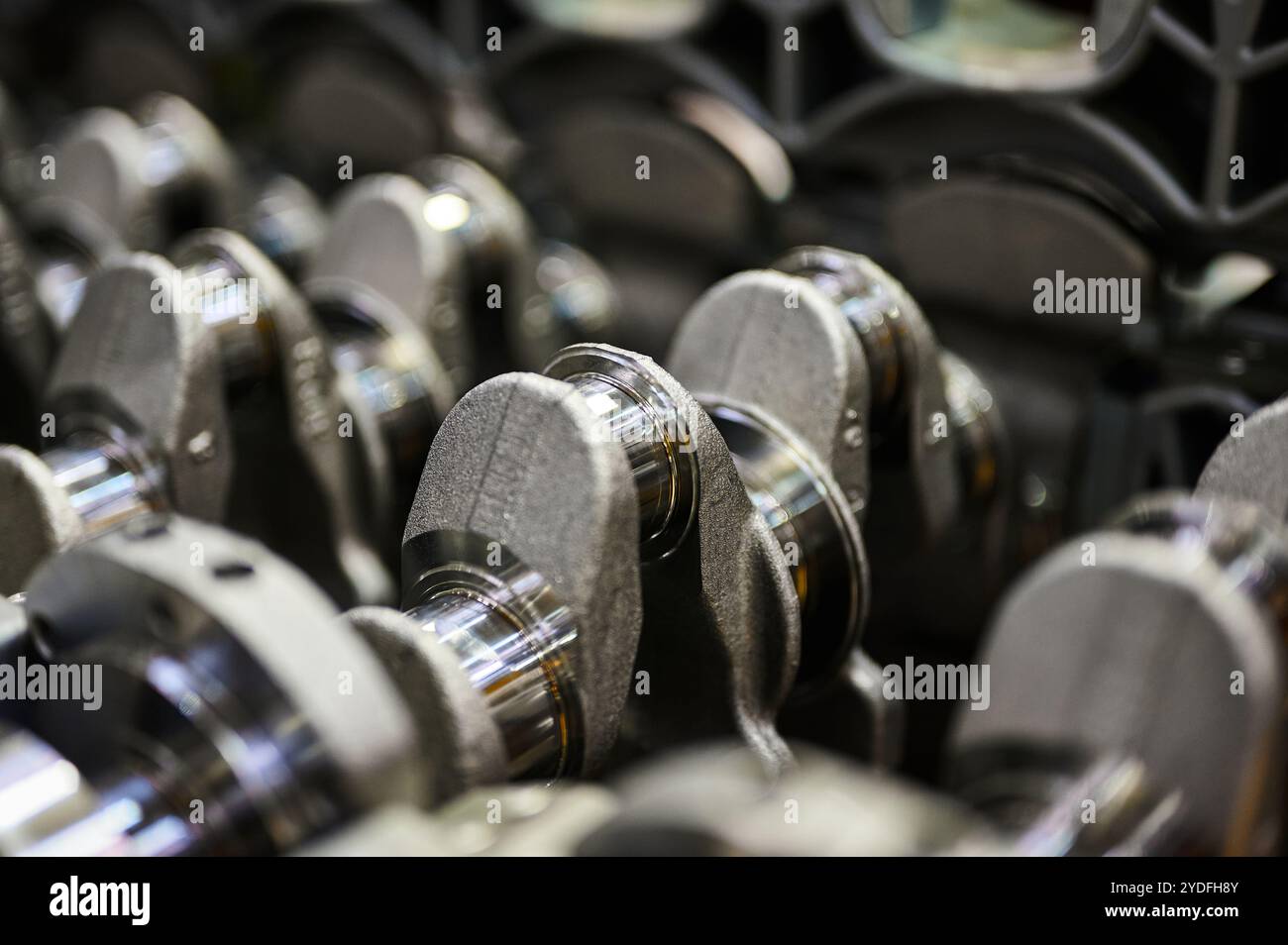 The crankshaft of an automobile engine, many products lie in a row ...
