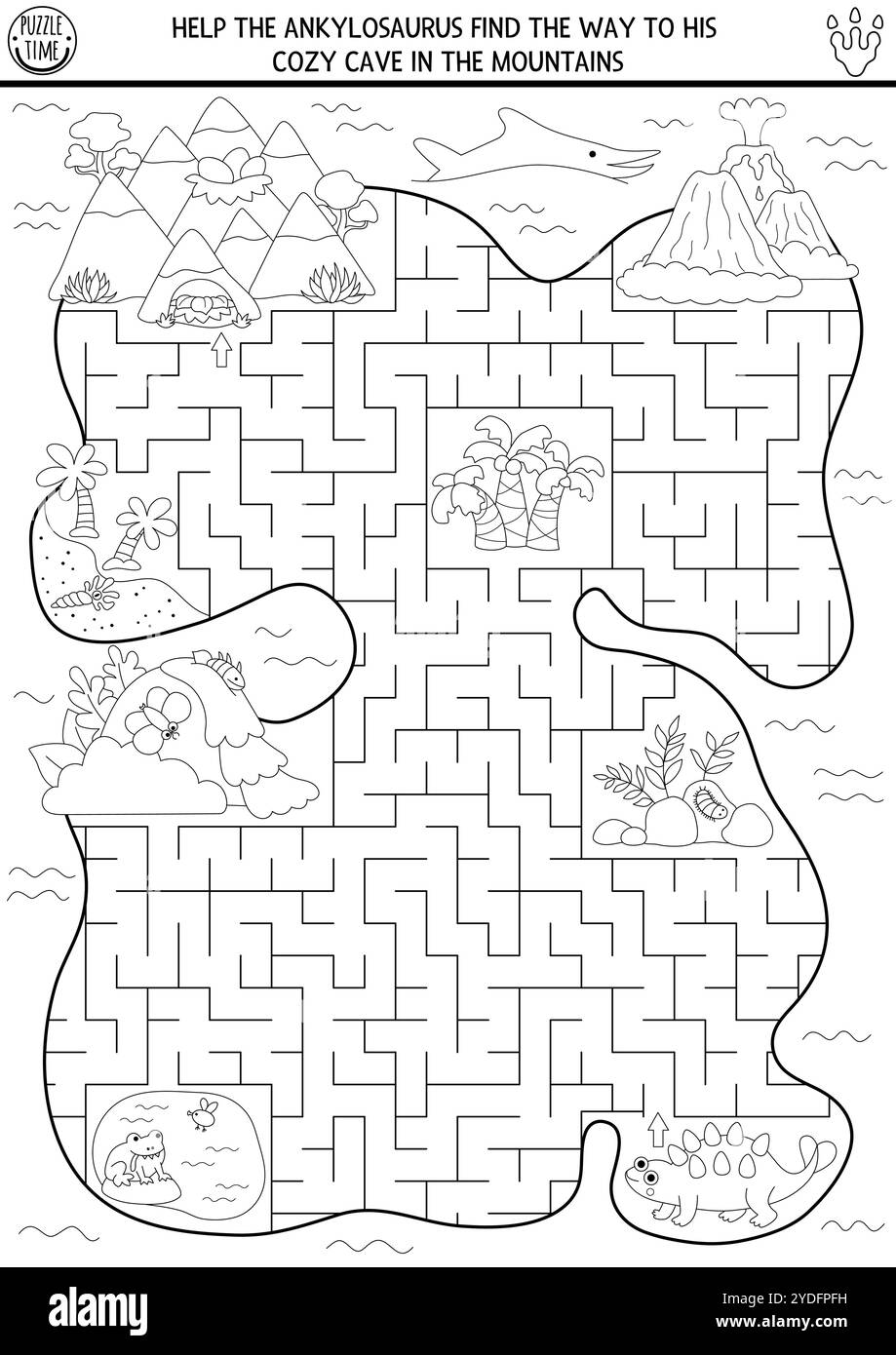 Dinosaur black and white maze for kids. Coloring page with ancient ...