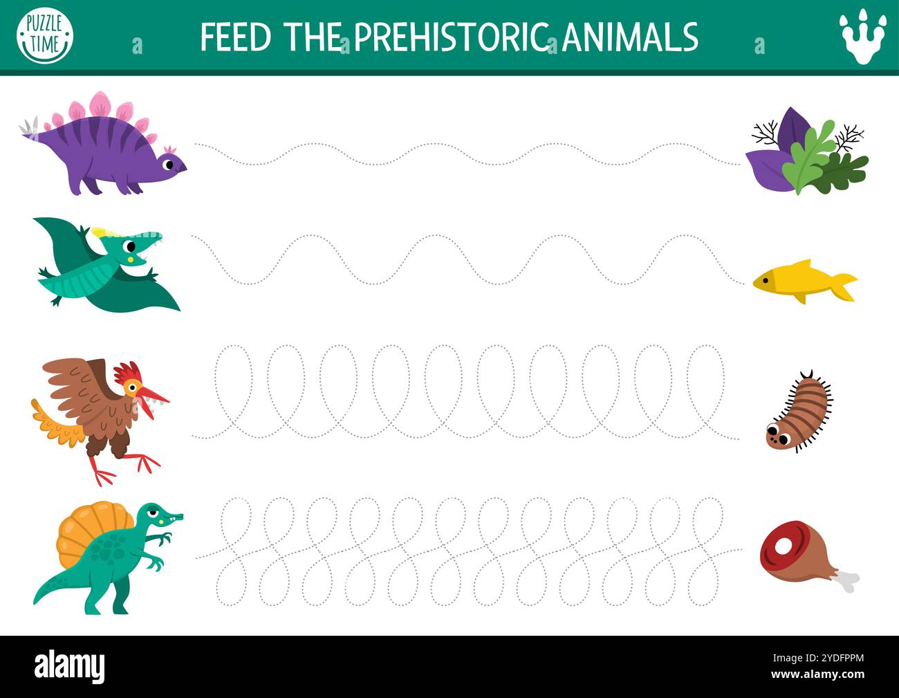Vector handwriting practice worksheet. Feed the dinosaur game ...