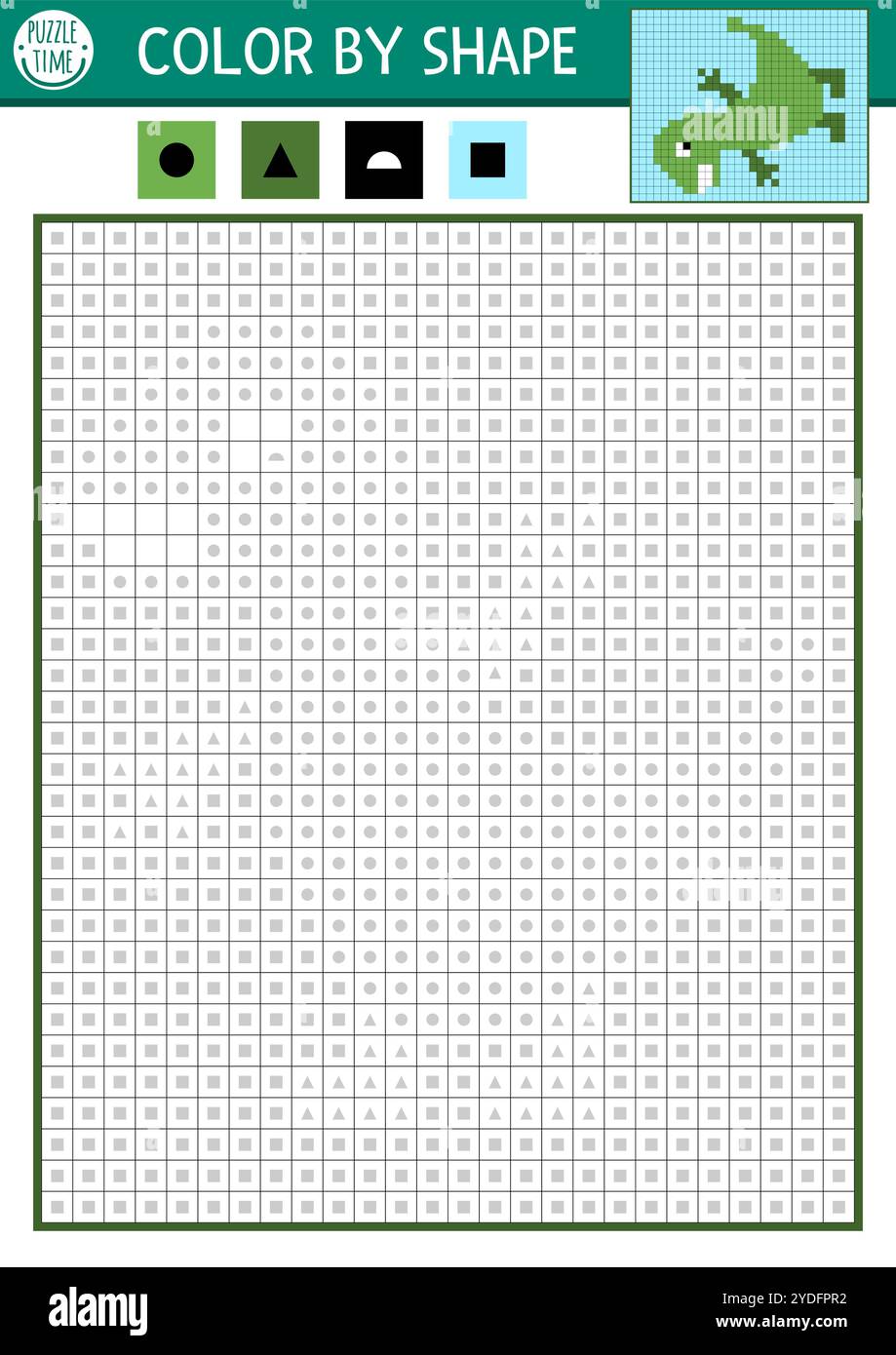 Vector dinosaur color by shape activity with square pixel grid ...