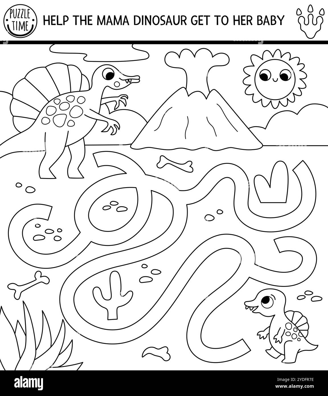 Black and white dinosaur maze for kids with ancient world landscape ...
