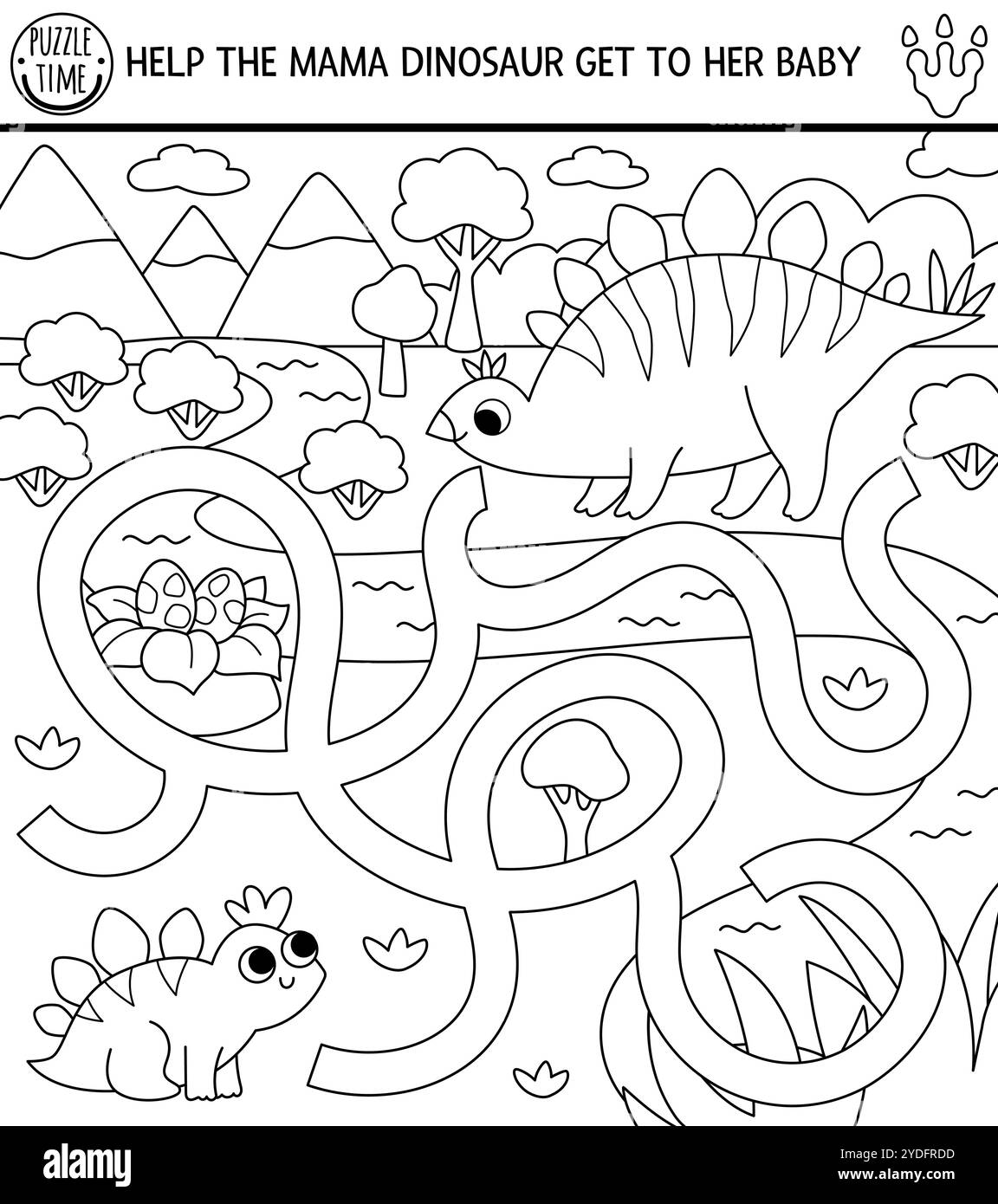 Black and white dinosaur maze for kids with ancient world landscape ...