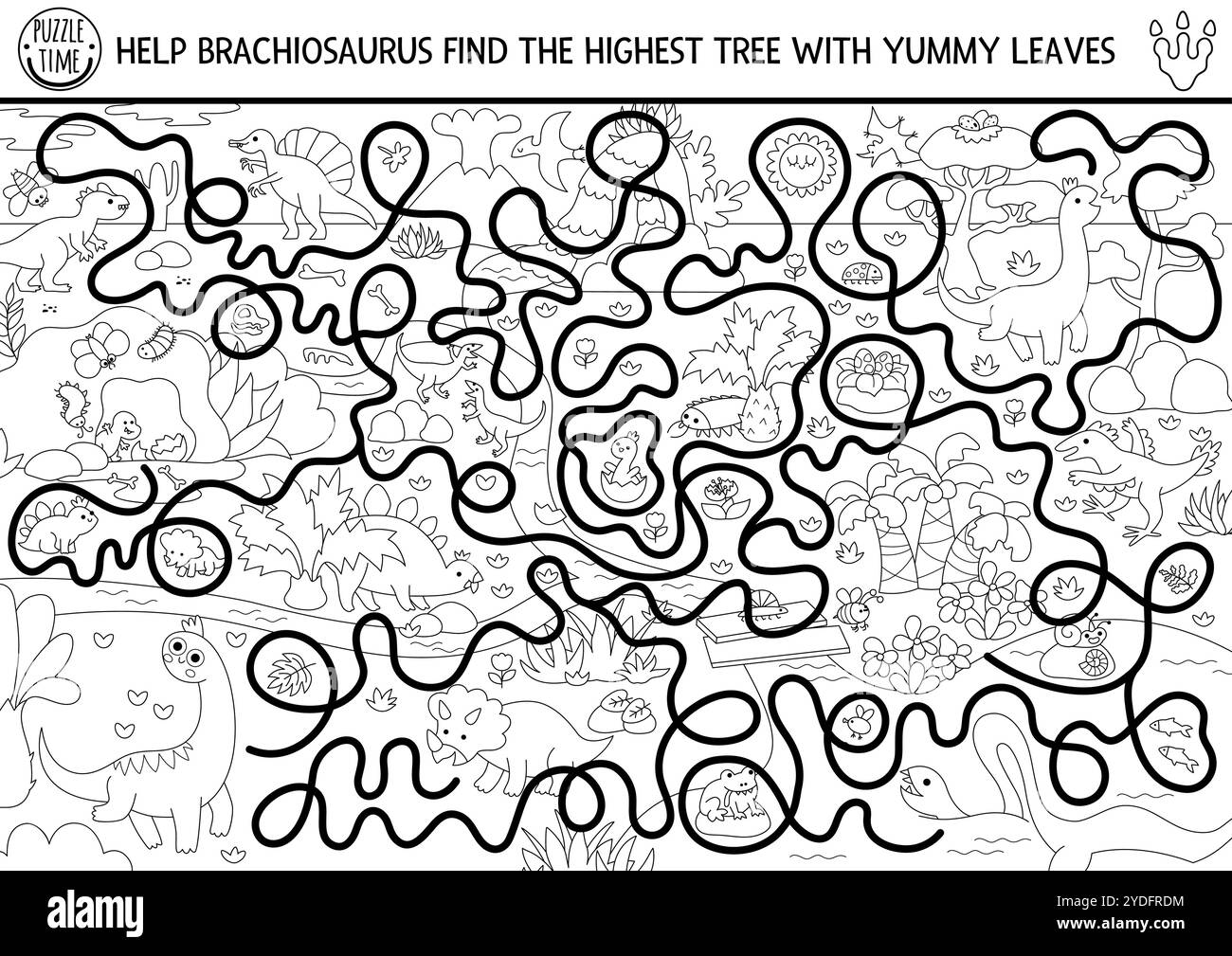 Dinosaur black and white maze for kids. Coloring page with ancient ...