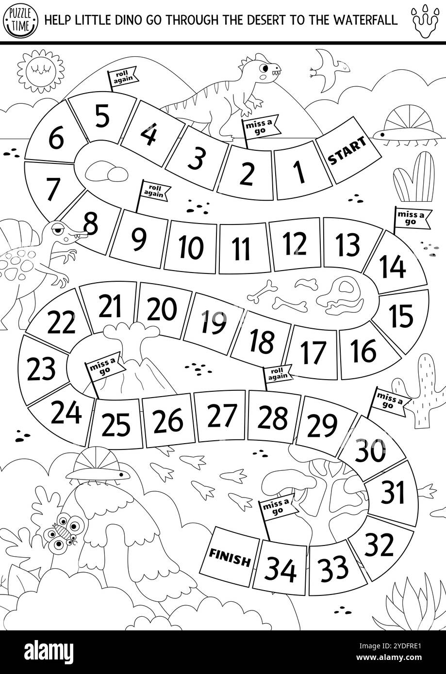 Dinosaur black and white dice board game for children with ancient ...