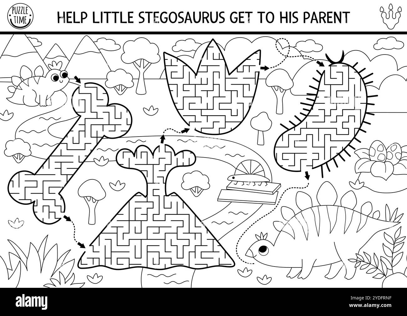 Dinosaur black and white maze for kids with geometrical bone, footprint ...