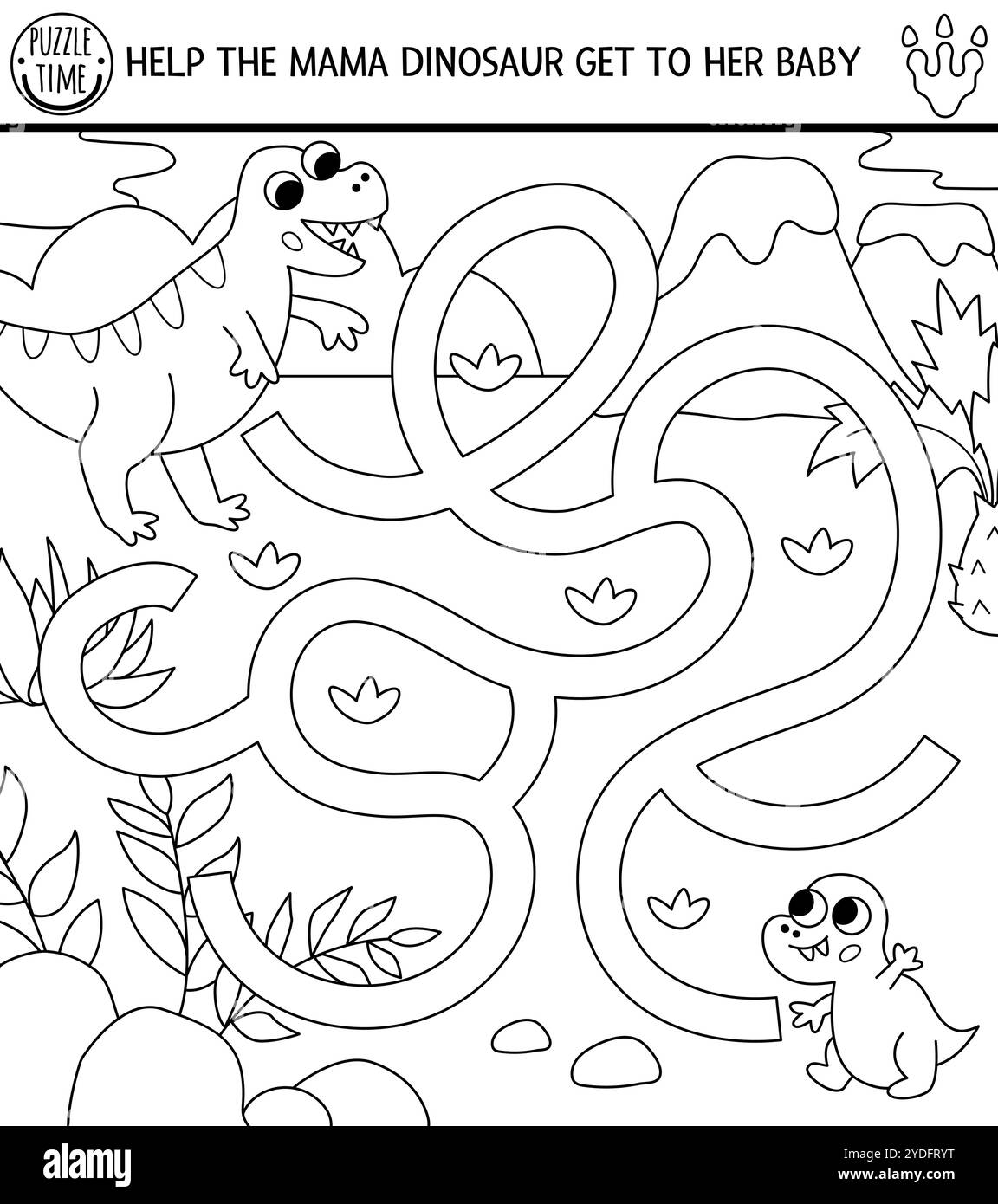 Black and white dinosaur maze for kids with ancient world landscape ...