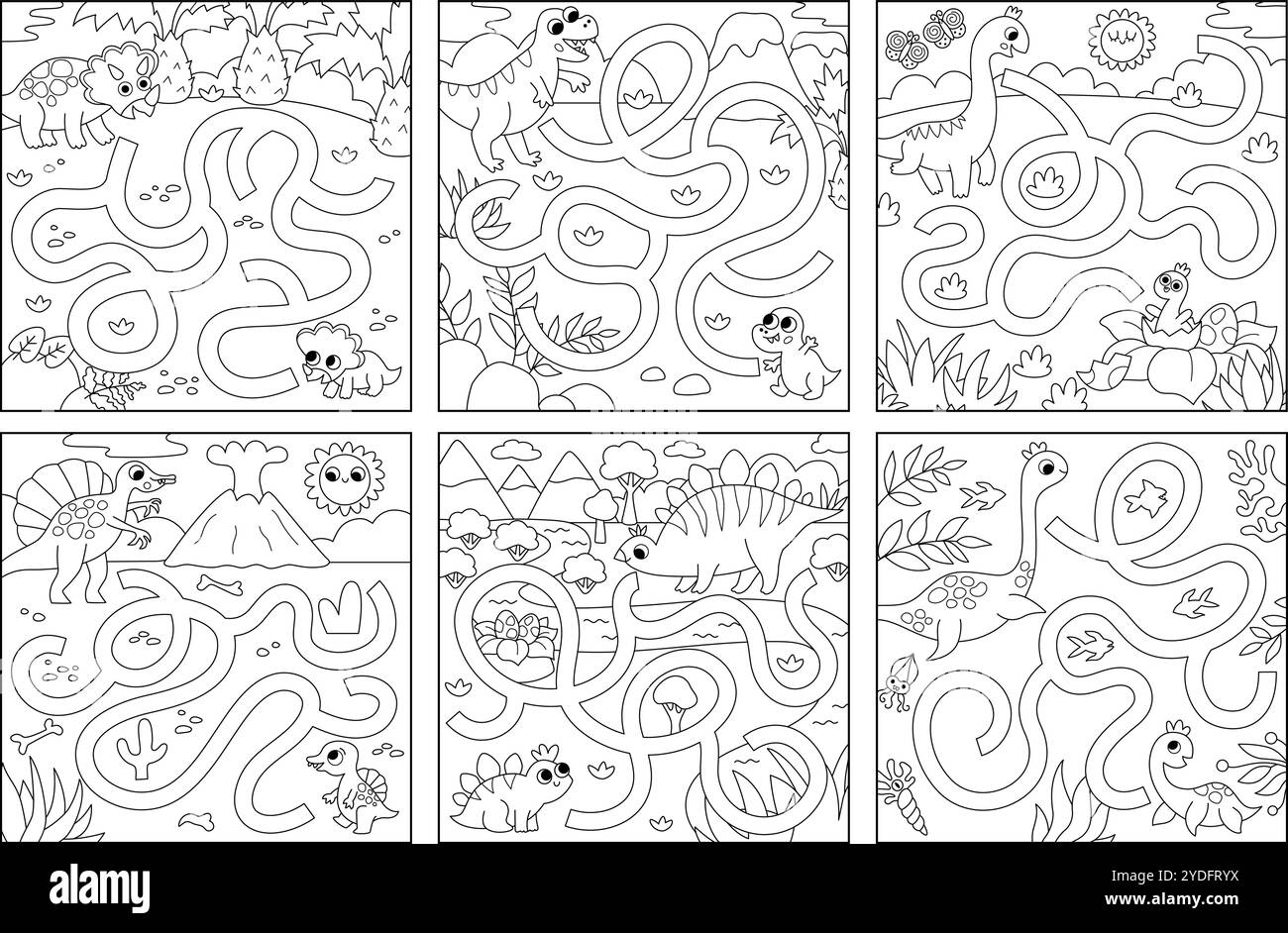 Black and white dinosaur maze set for kids with ancient world landscape ...