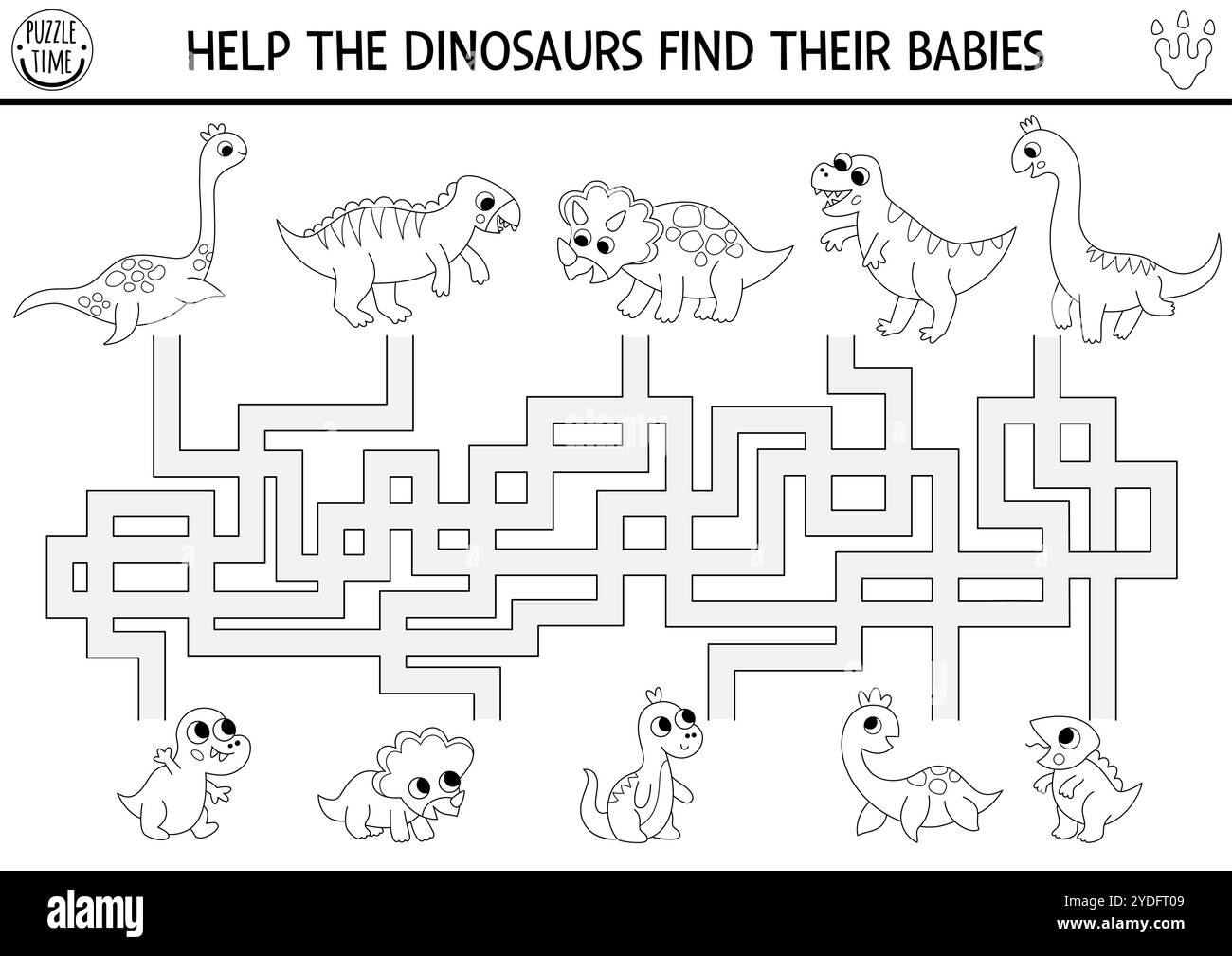 Dinosaur black and white maze for kids with cute animals and their ...