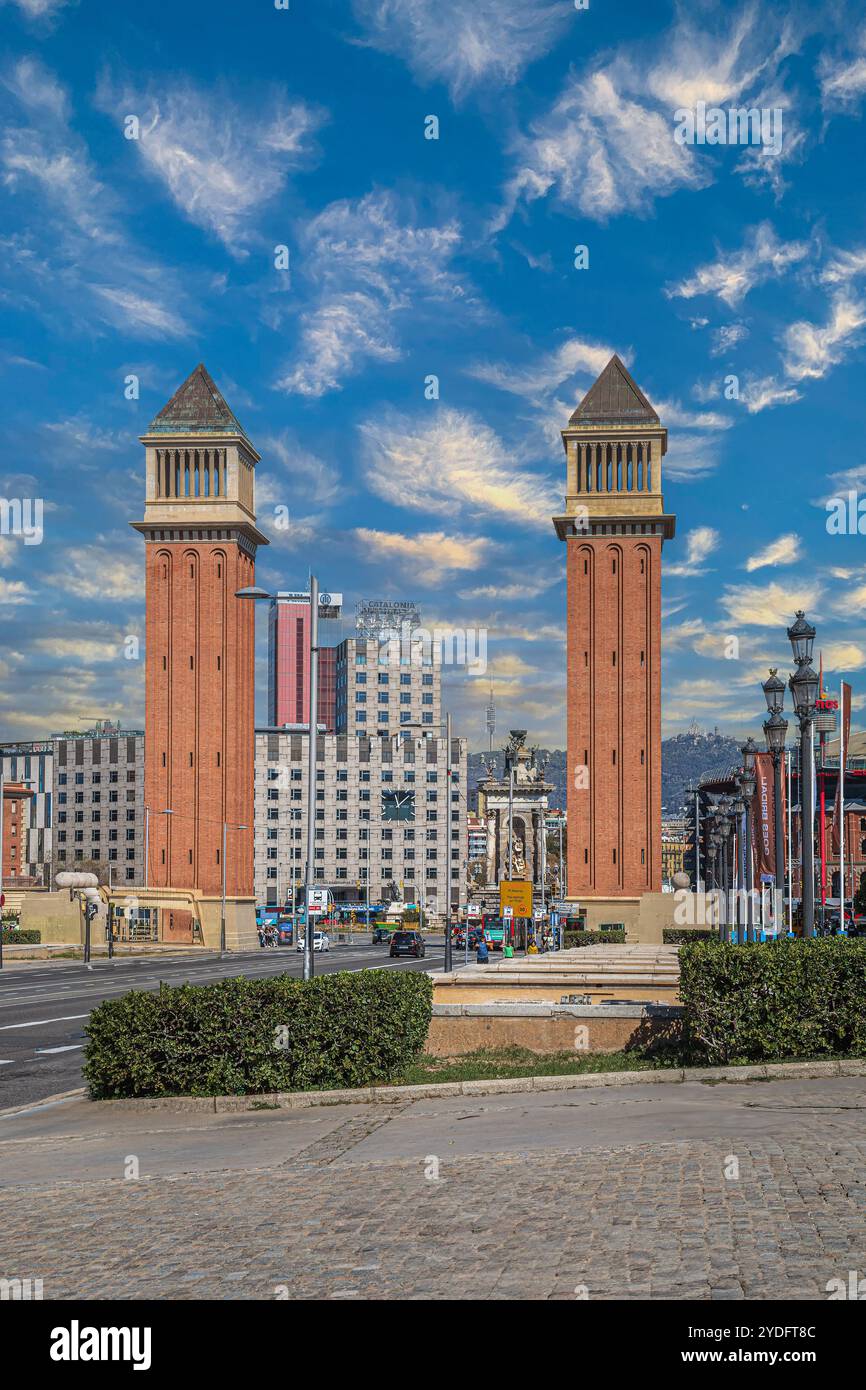 Venetian Towers, two twin towers in Barcelona, Catalonia, Spain Stock ...