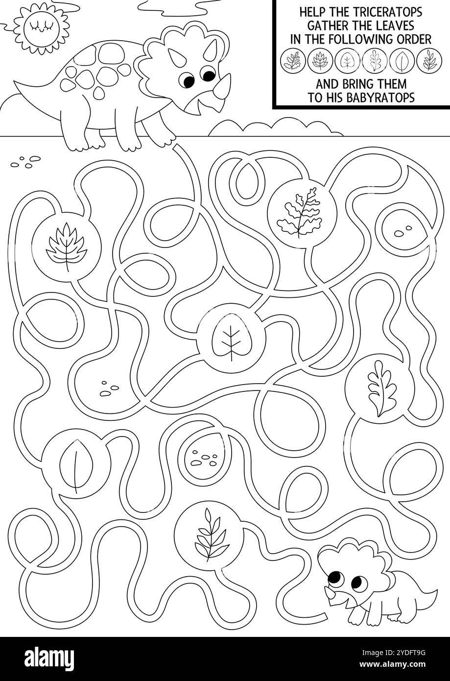 Dinosaur black and white maze for kids. Coloring page with ancient ...