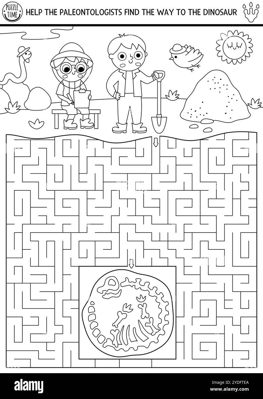 Dinosaur black and white maze with cute paleontologists. Prehistoric ...