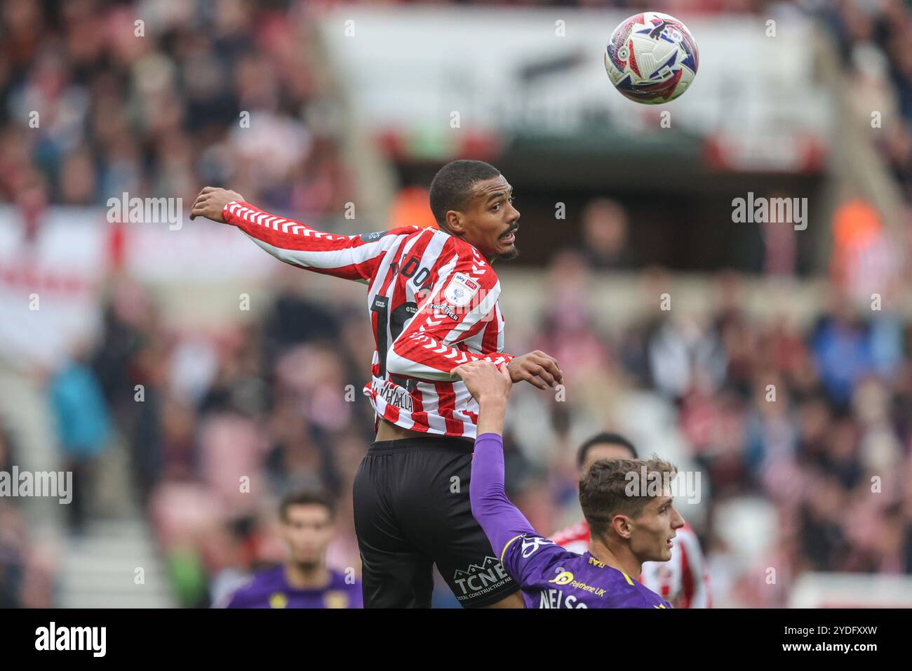 Wilson Isidor of Sunderland jumps up to win the high ball during the Sky Bet Championship match ...