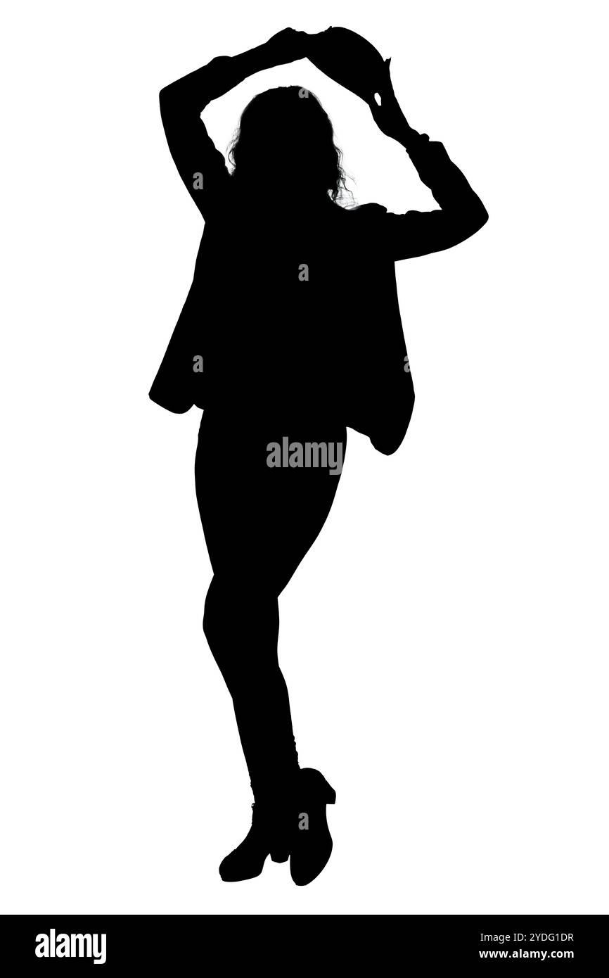 There is a graceful silhouette of a woman dancing on a pure white ...