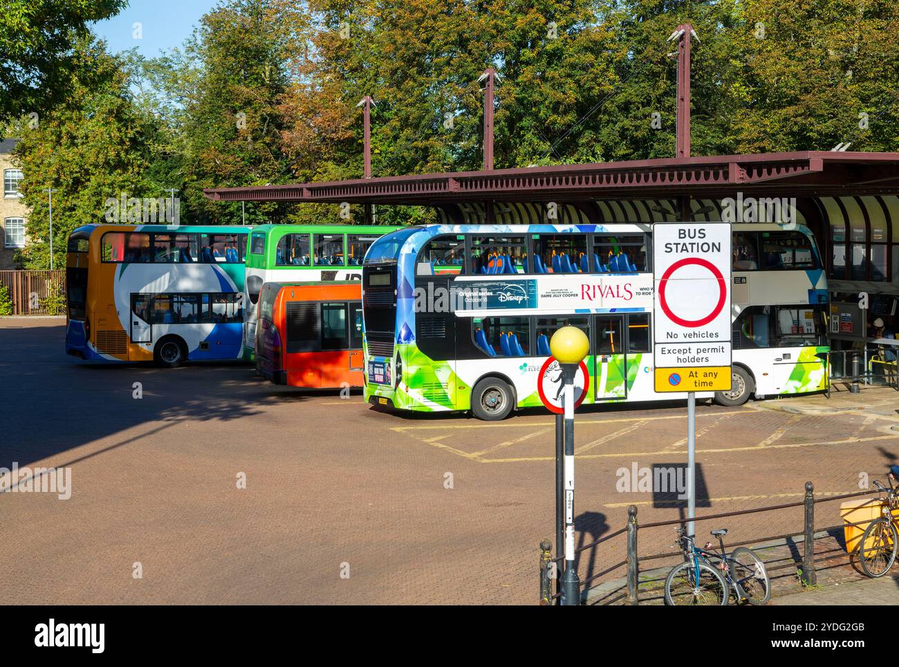 Double-decker busses in city centre bus station, Cambridge ...