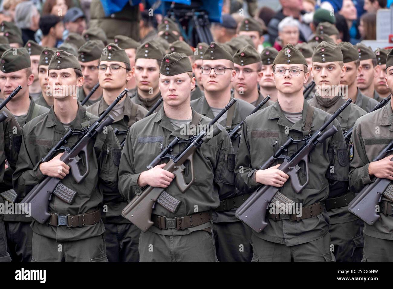 Recruits marching in before their swearing-in ceremony during celebrations on the occasion of ...