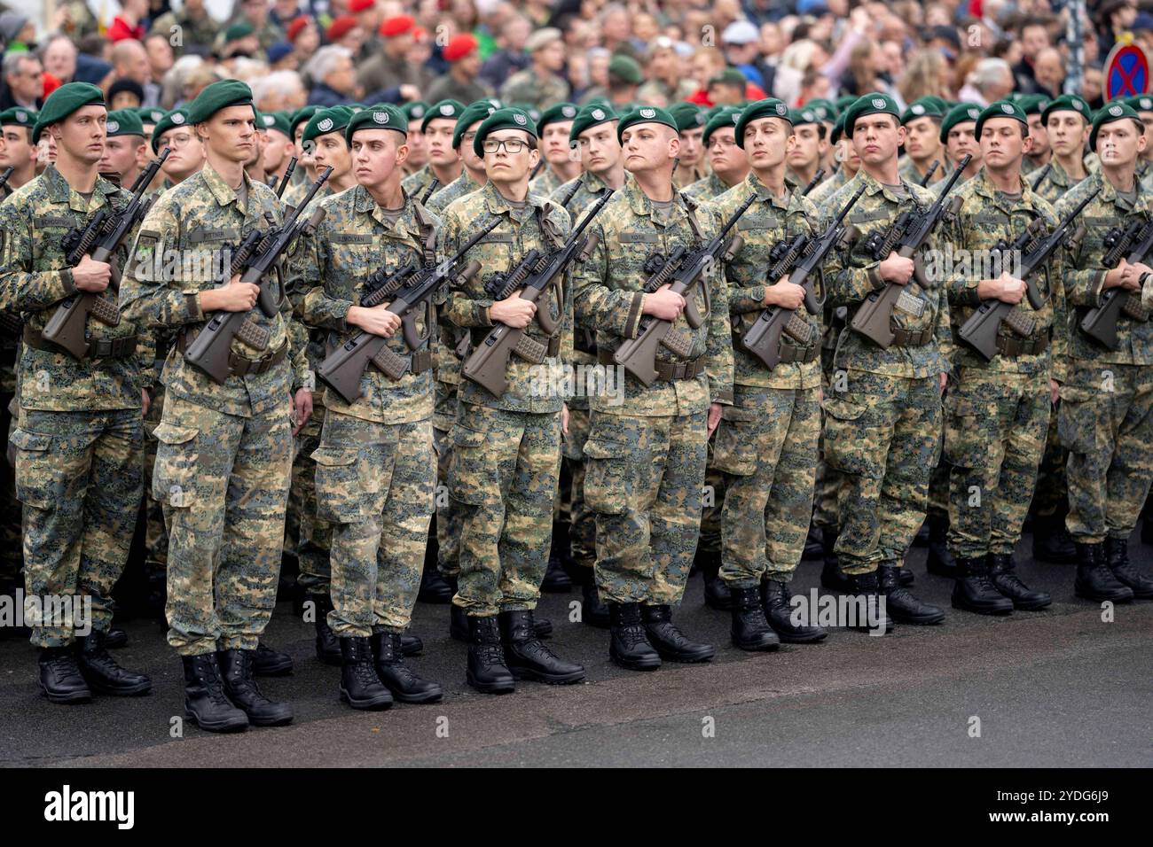 Recruits marching in before their swearing-in ceremony during celebrations on the occasion of ...