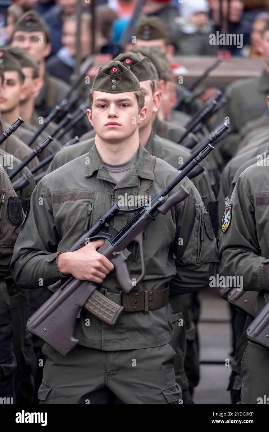 Recruits marching in before their swearing-in ceremony during celebrations on the occasion of ...