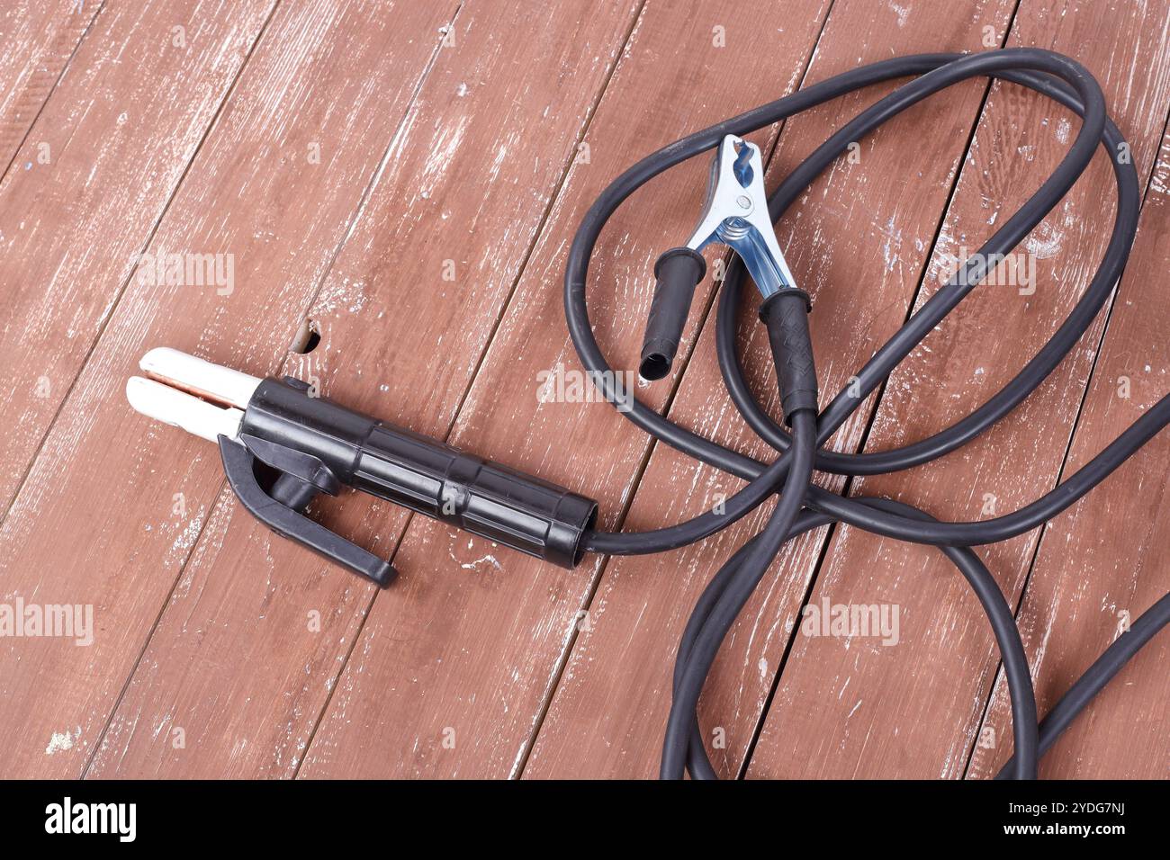 Industrial tool - Top view closeup fragment welding machine cables on a ...