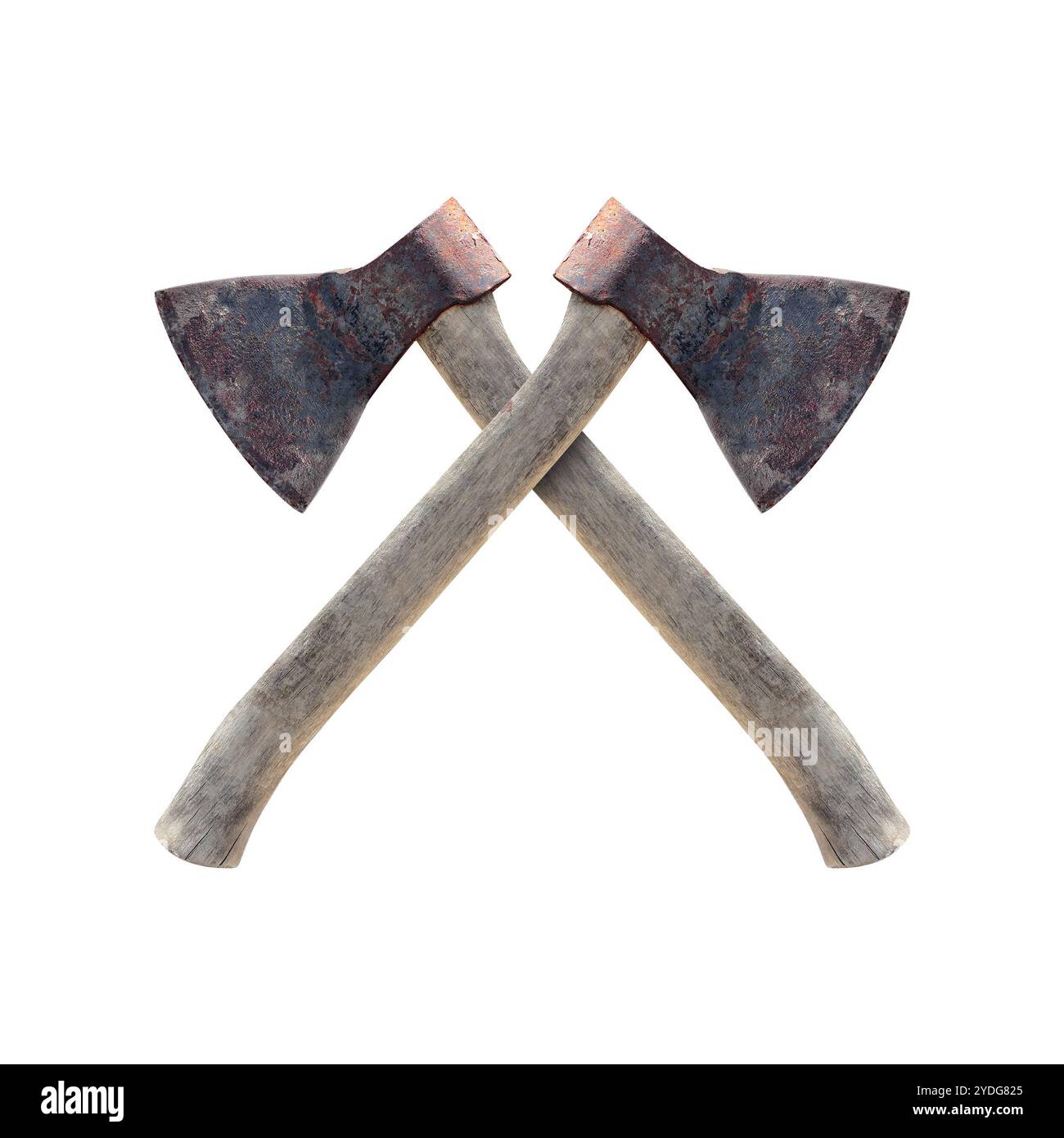 Tools Building and repair. A rusty two crossed axes on a white ...