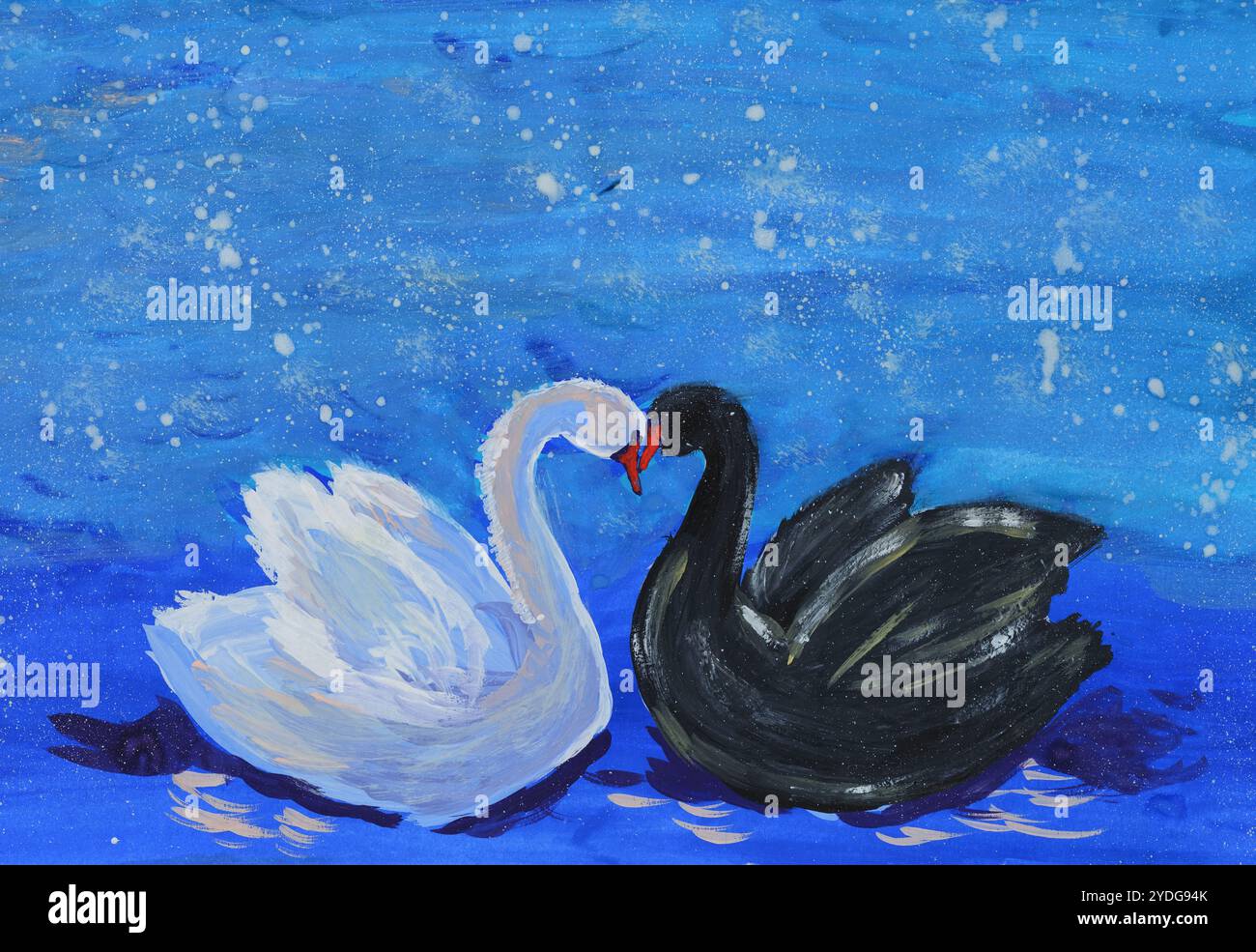 Black and white swan couple on blue background. Paint hand drawing ...