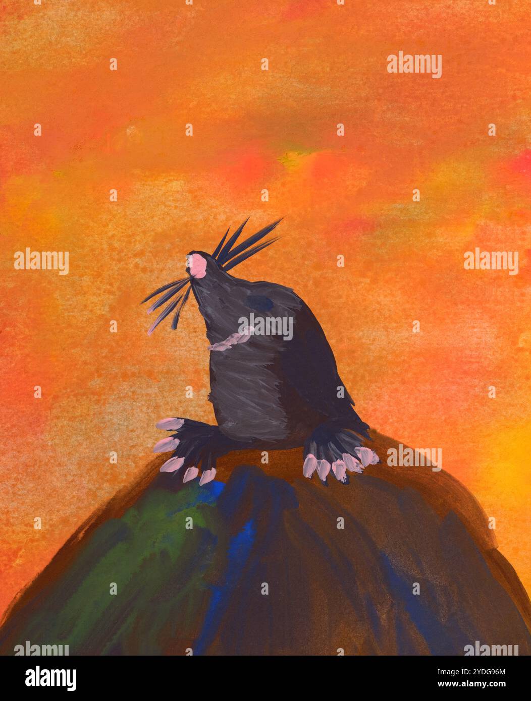 Mole peeking out of a burrow on an orange background. Paint hand ...