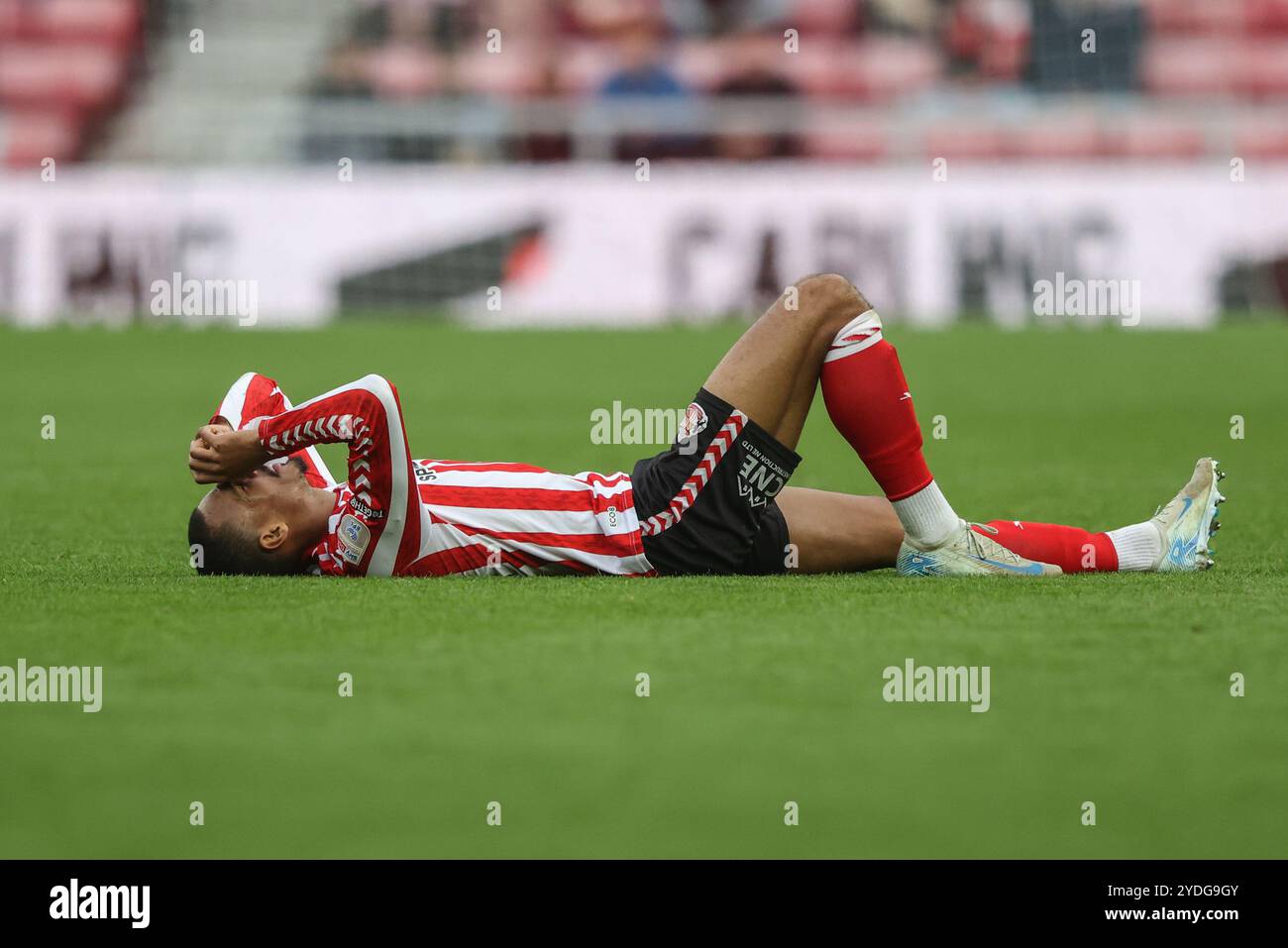 Wilson Isidor of Sunderland goes down with an injury during the Sky Bet Championship match ...