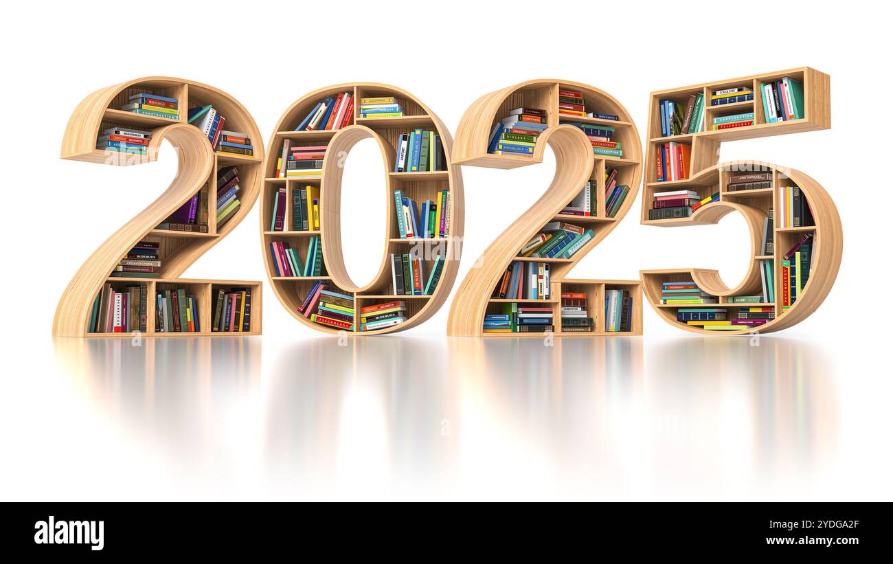 Happy 2025 new year education concept. Bookshelves with books in the ...