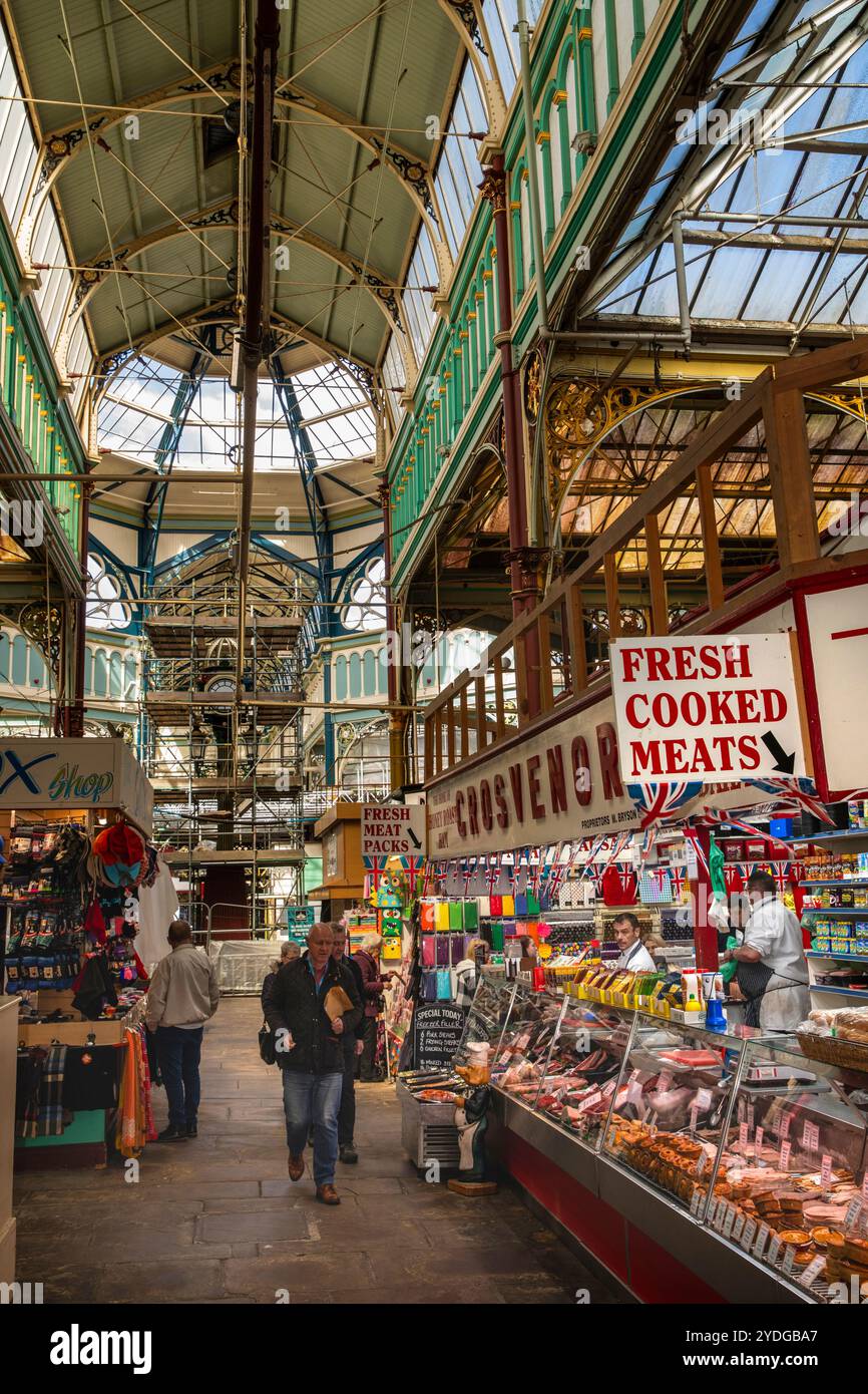 UK, England, Yorkshire, Halifax, Town Centre, Borough Market, stalls ...