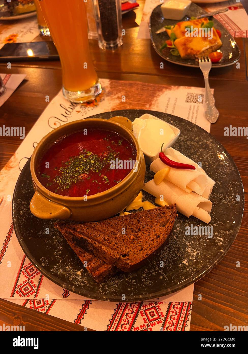 Borscht, Borsch with rye bread, salo and sour cream traditional ...