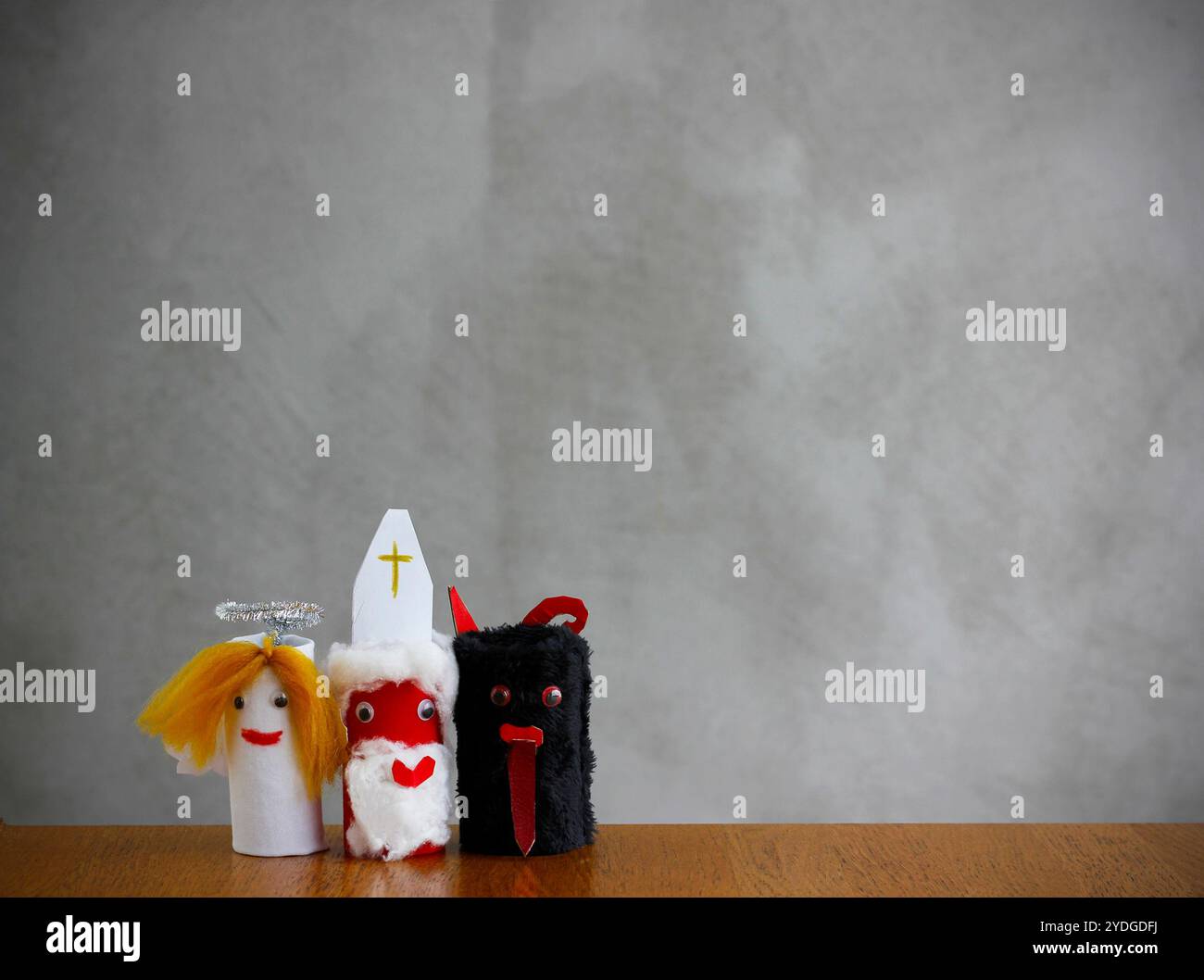 Saint Nicholas, Angel and Devil made by a child from toilet paper roll ...