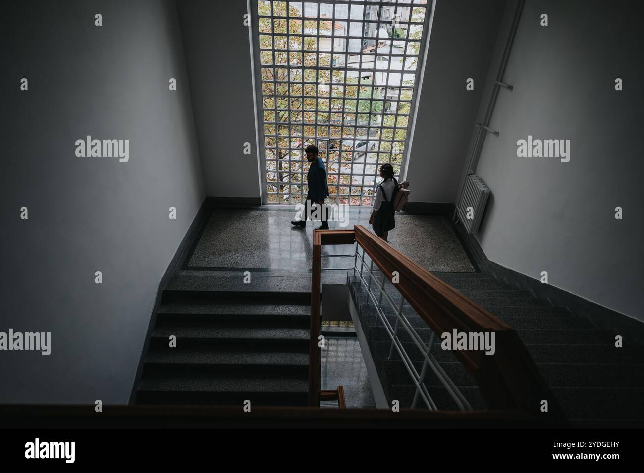 Two students walking down stairs in modern academic building Stock ...