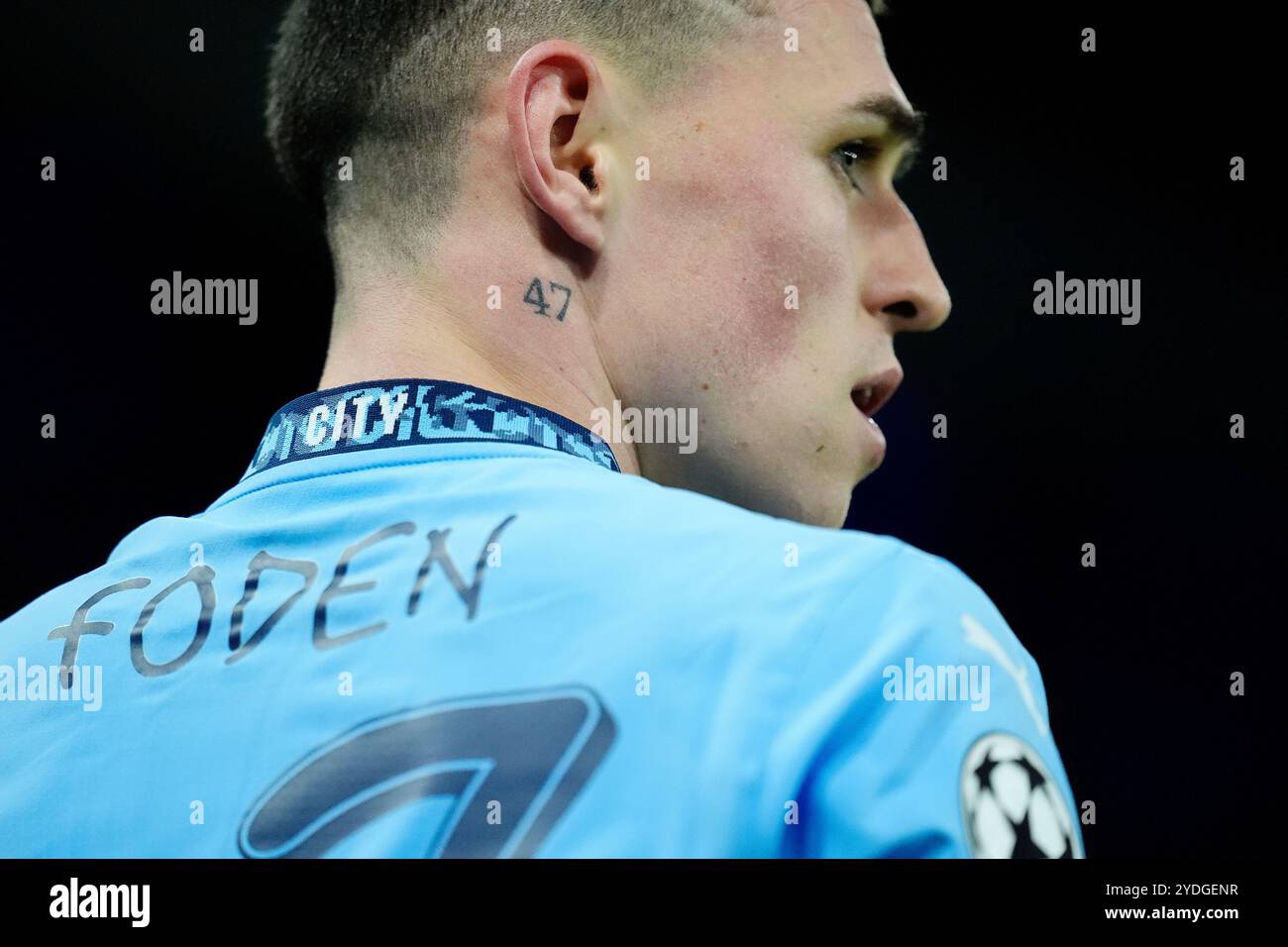 Detail of a 47 tattoo on Manchester City's Phil Foden during the UEFA ...