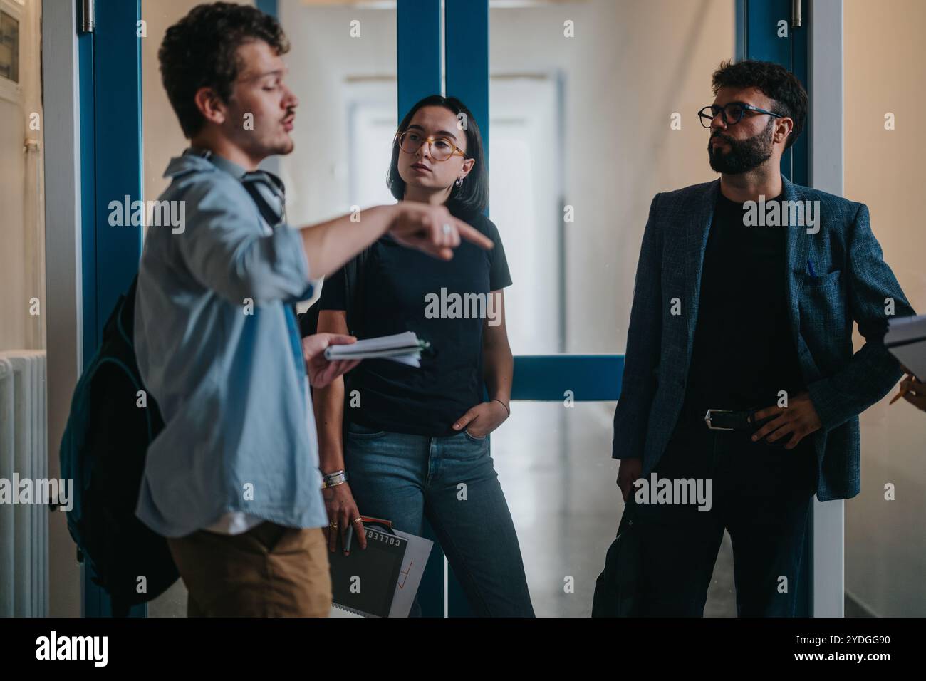 Academic discussion between a professor and students in a modern ...